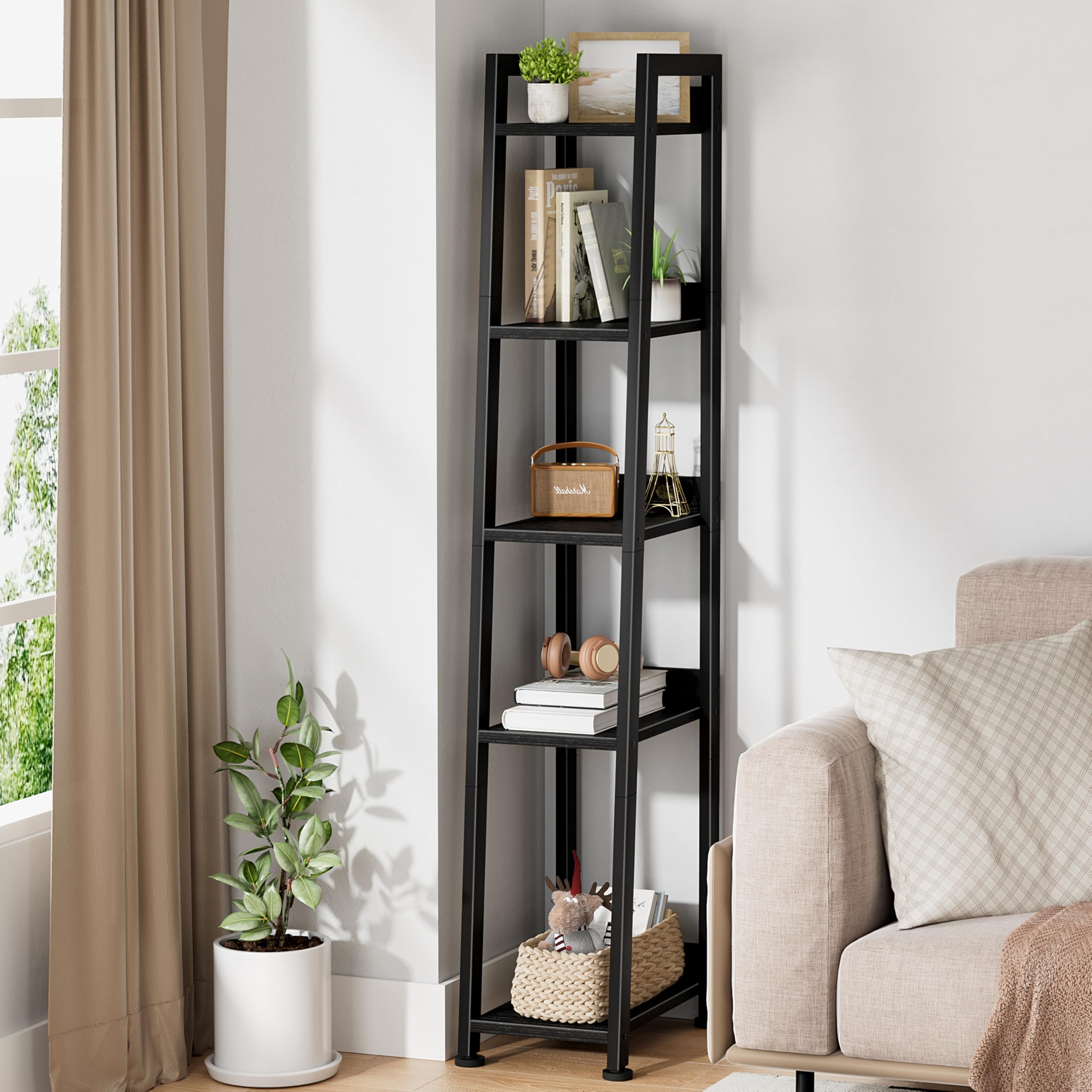 KLUVIS Narrow Ladder Shelf for Small Spaces - 5 Tier Thin Bookshelf ...