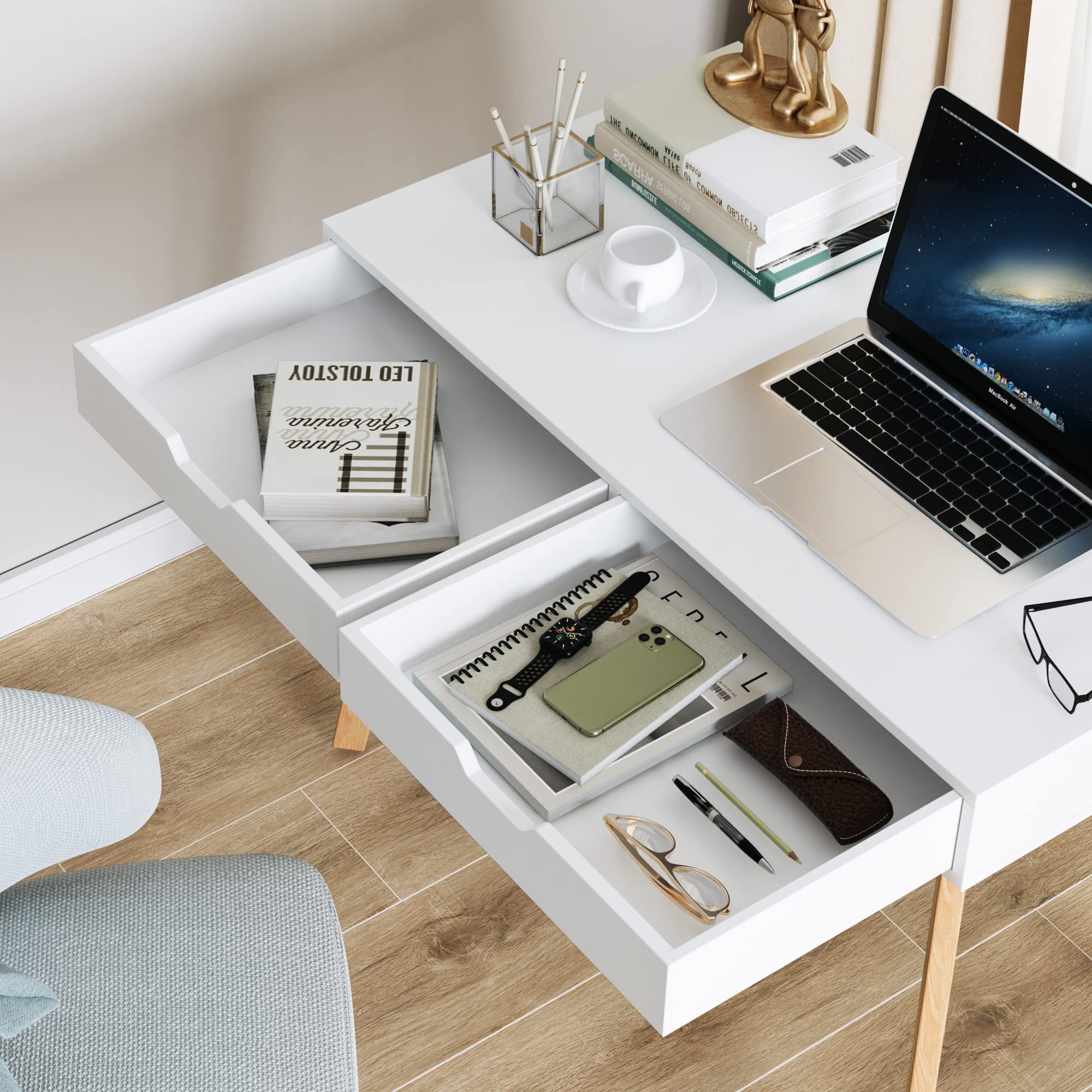 Mua FOTOSOK White Computer Writing Desk with 2 Drawers, Small Desk ...
