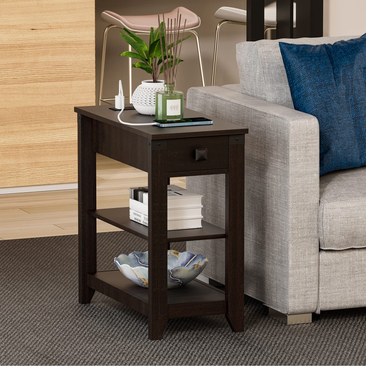 HOSEOKA Narrow End Table with Charging Station, Farmhouse End Table ...