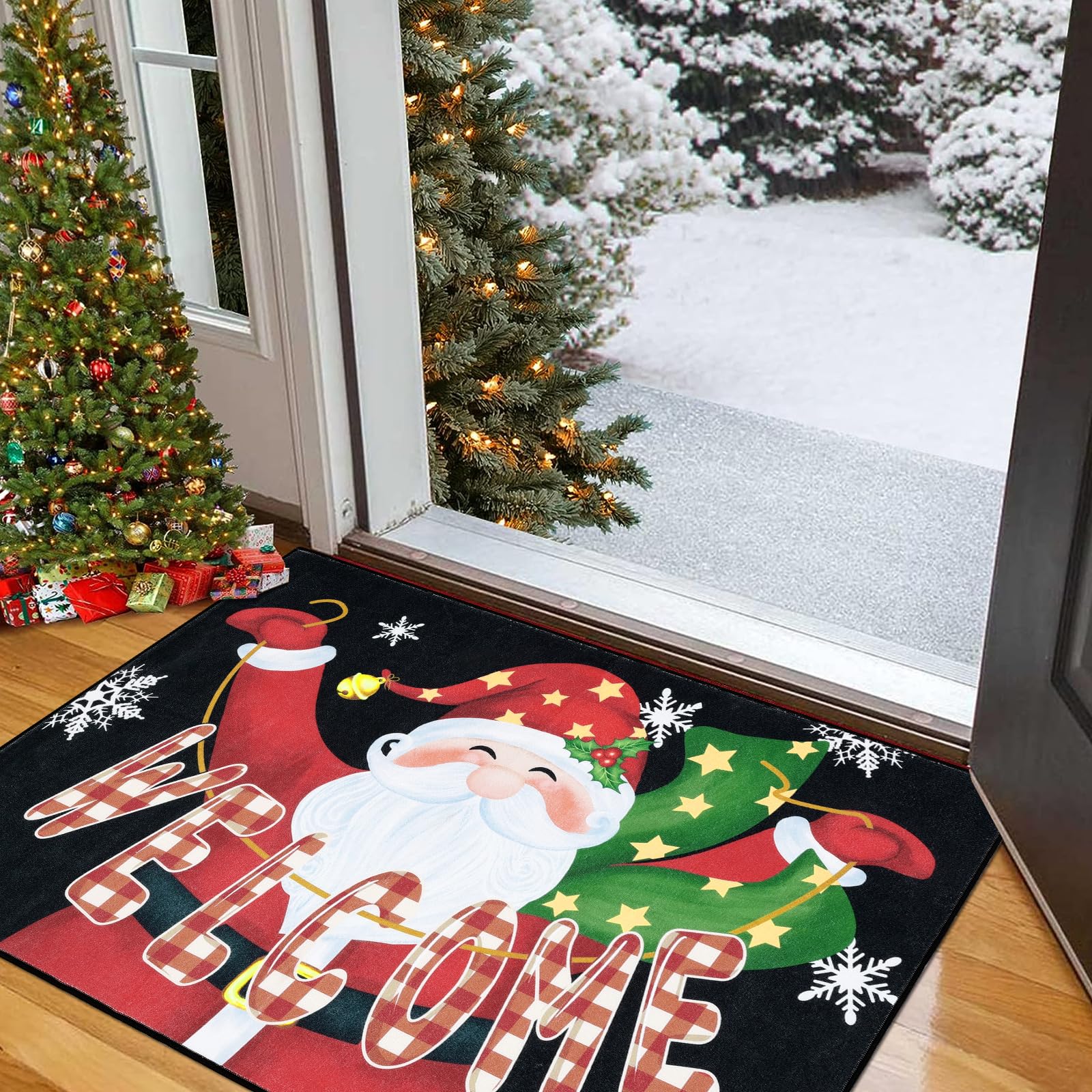 Ileading Black Welcome Winter Front Door Mat 32 x 48 in Santa Claus ...