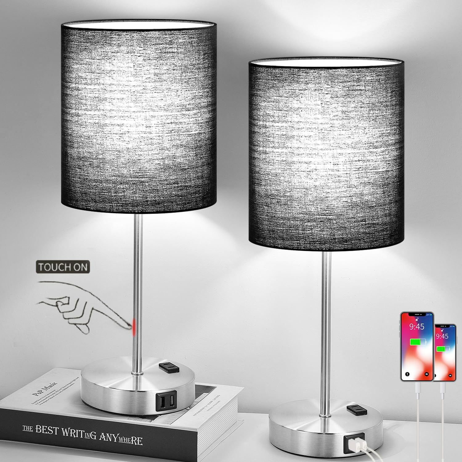 Lynnoland ???? ??? Set of 2 Touch Control Table Lamps with 2 USB & AC ...