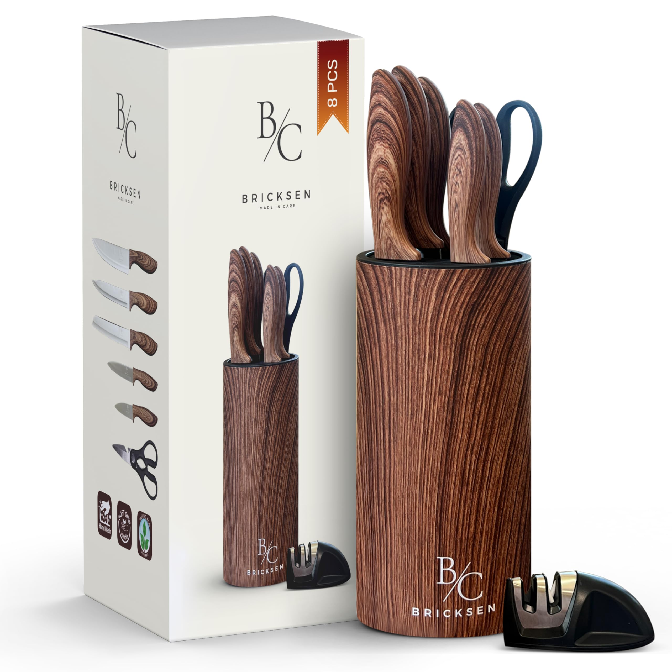 Knife Set, BRICKSEN 8-Piece Kitchen Knife Set with Block and Sharpener ...