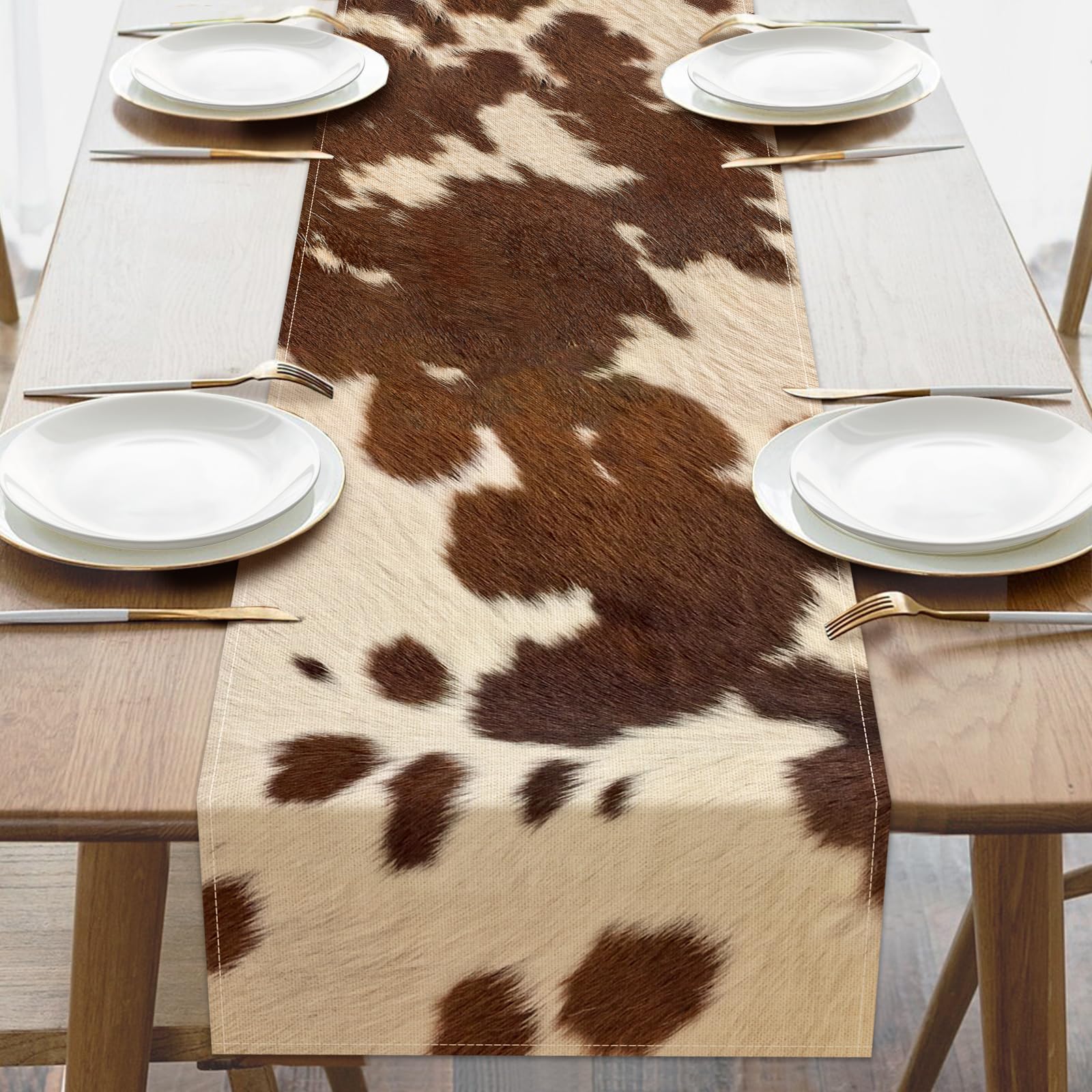 Croar Cow Print Dining Table Runner, Brown Western Cottage Country ...