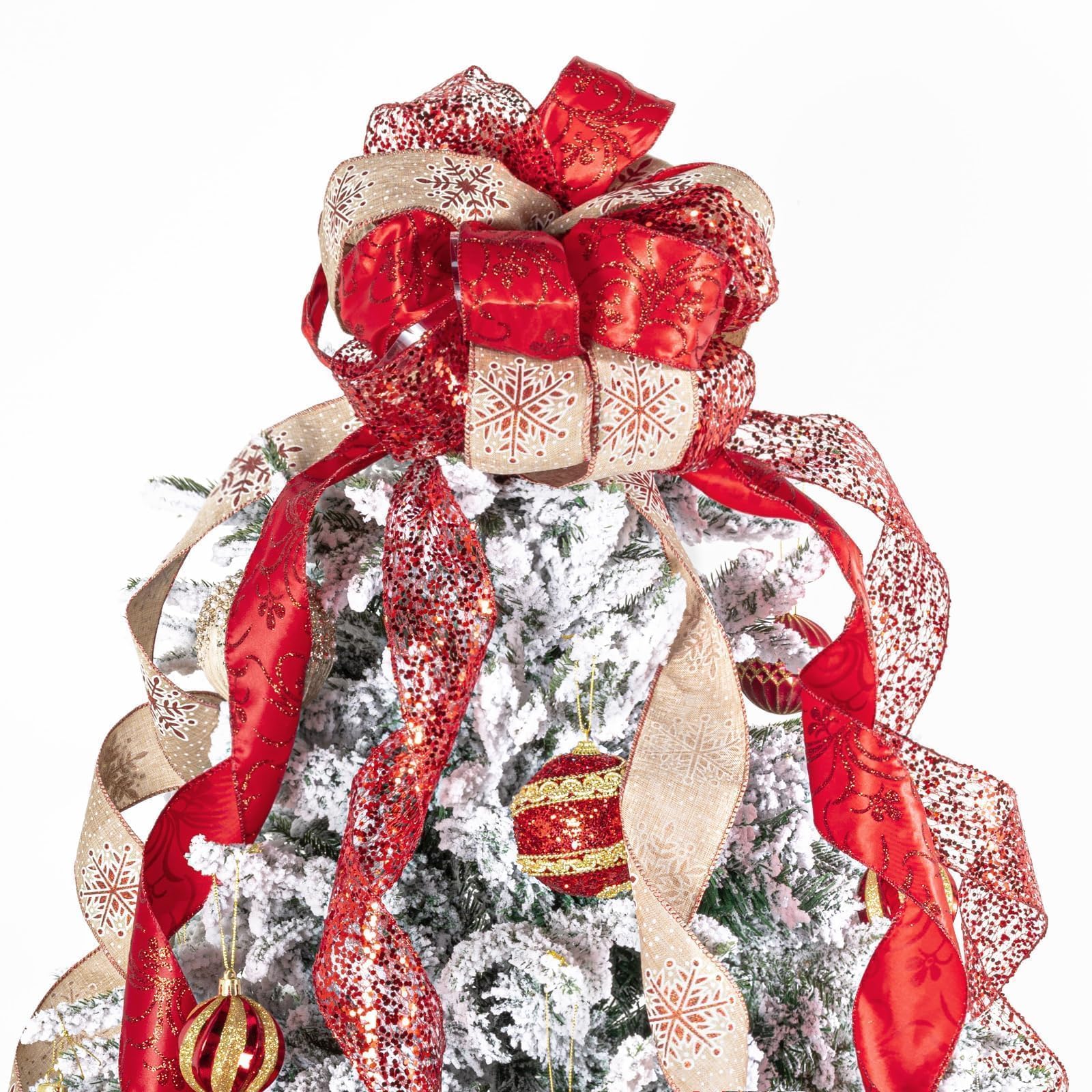 LEEQE Red Glitter Burlap Snowflake Christmas Tree Topper Bow 11 Inch ...