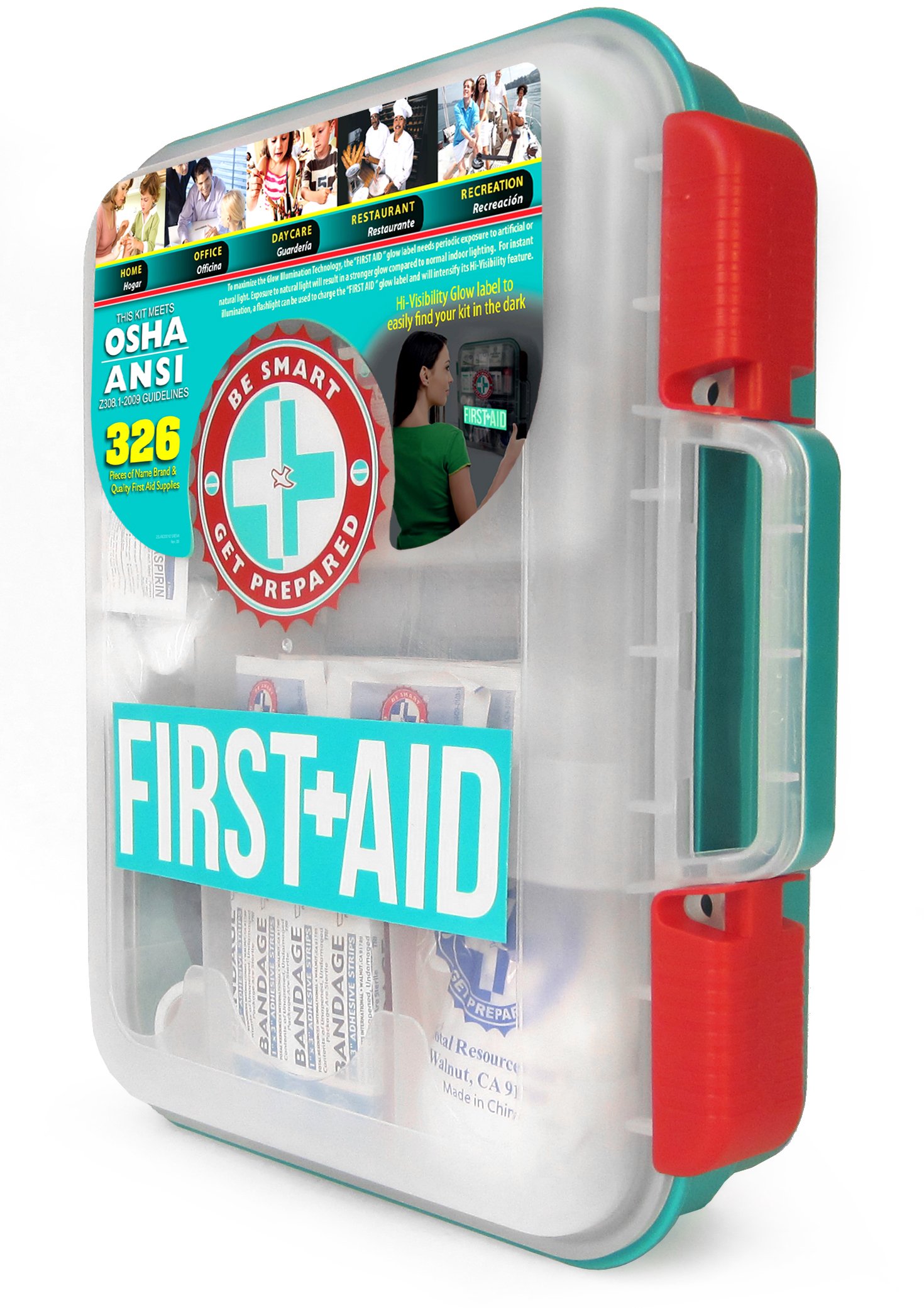 Be Smart Get Prepared First Aid Kit, Teal, 326 Piece, Exceeds OSHA and ...
