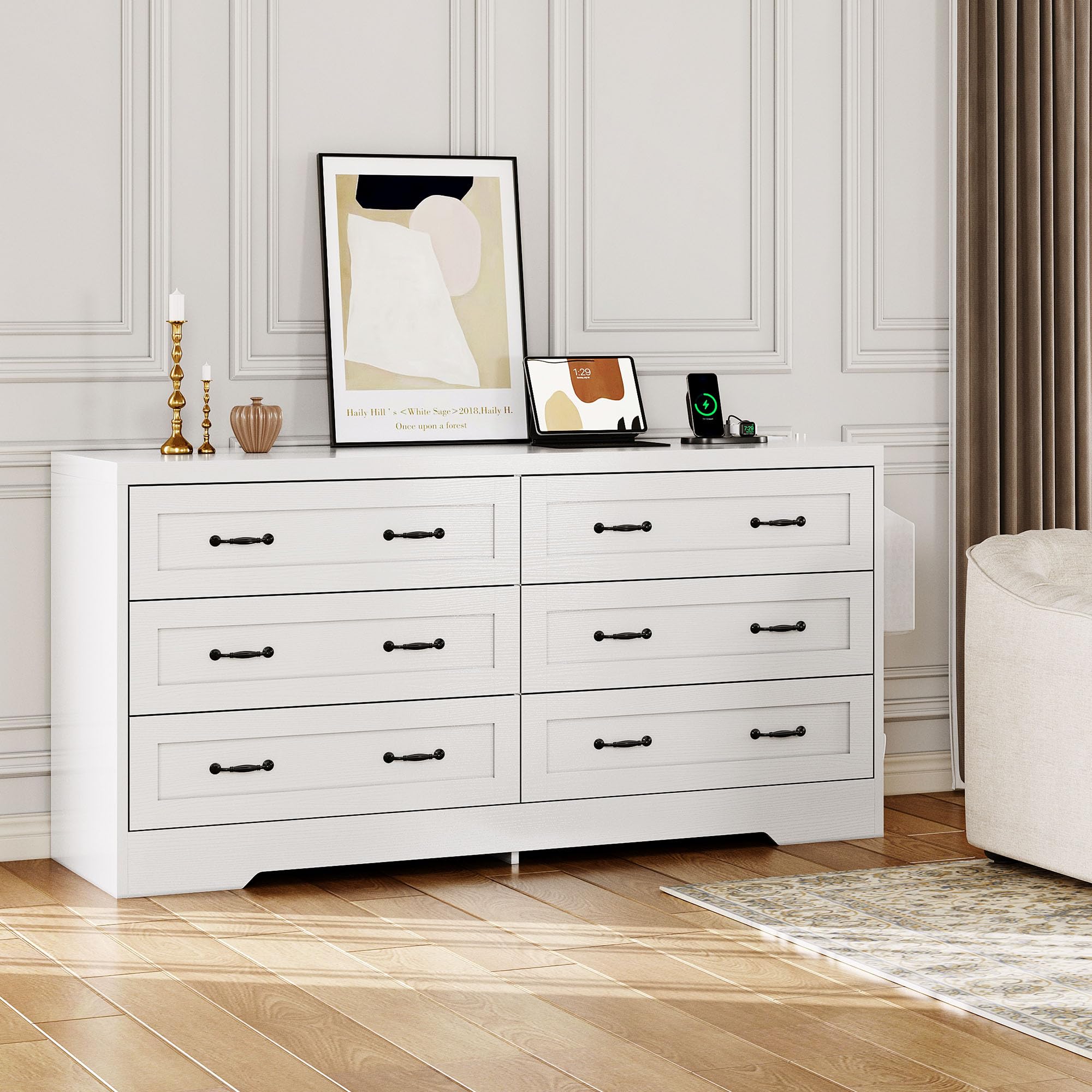 DWVO Farmhouse 6 Drawer Dresser for Bedroom, 60 Inch Large Modern ...