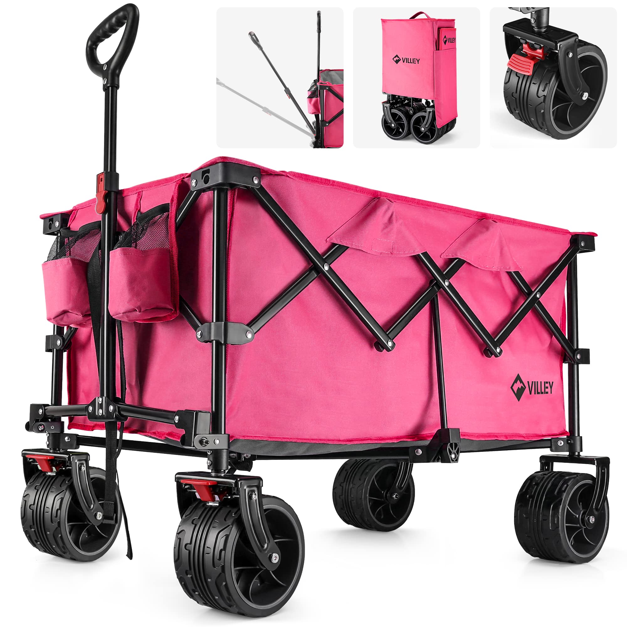 VILLEY Collapsible Folding Wagon with Big Wheels, Enlarged 225lbs ...