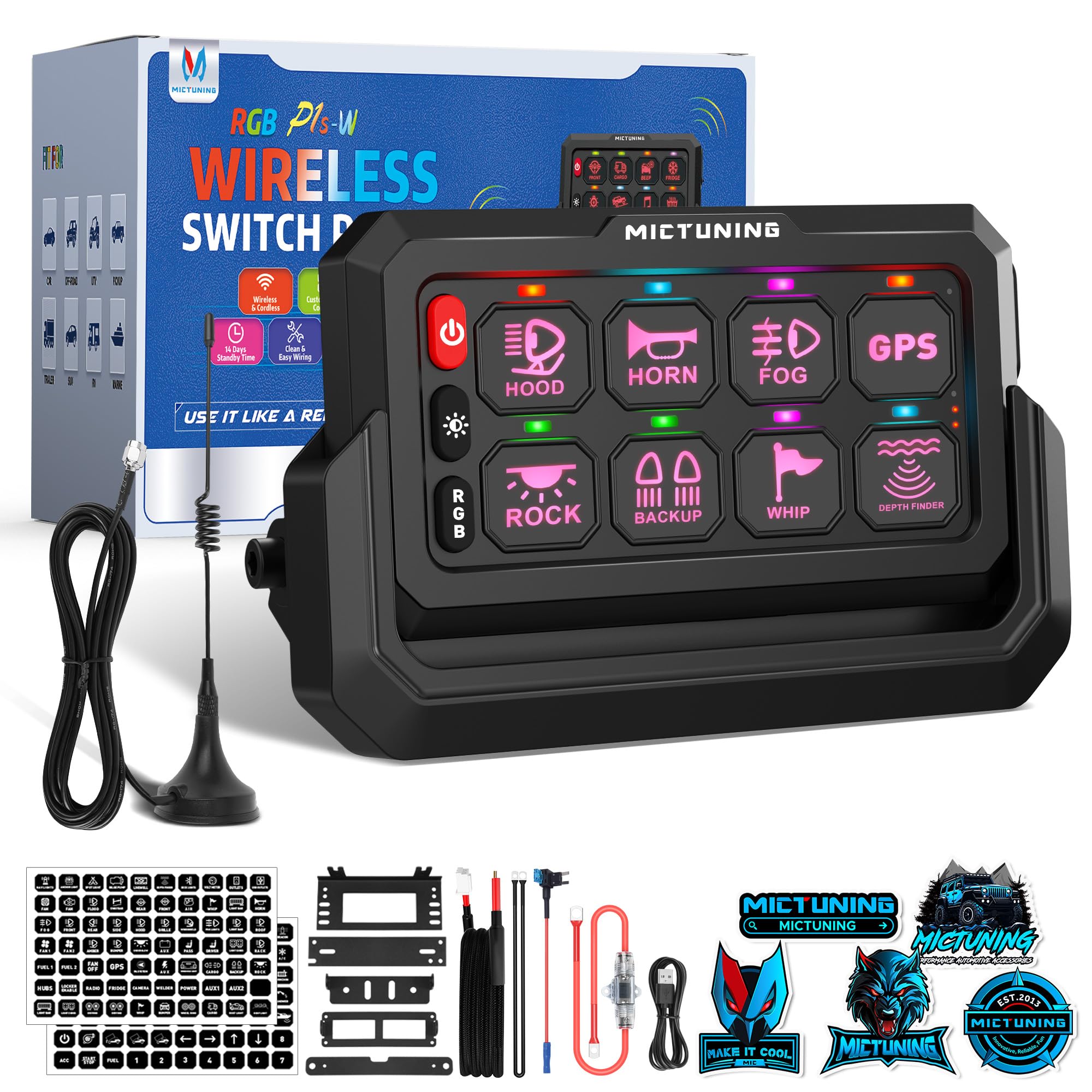 MICTUNING P1s-W 8 Gang RGB Wireless Switch Panel, 328FT 433MHz Remote Range, Up to 4-Panel Sync ...