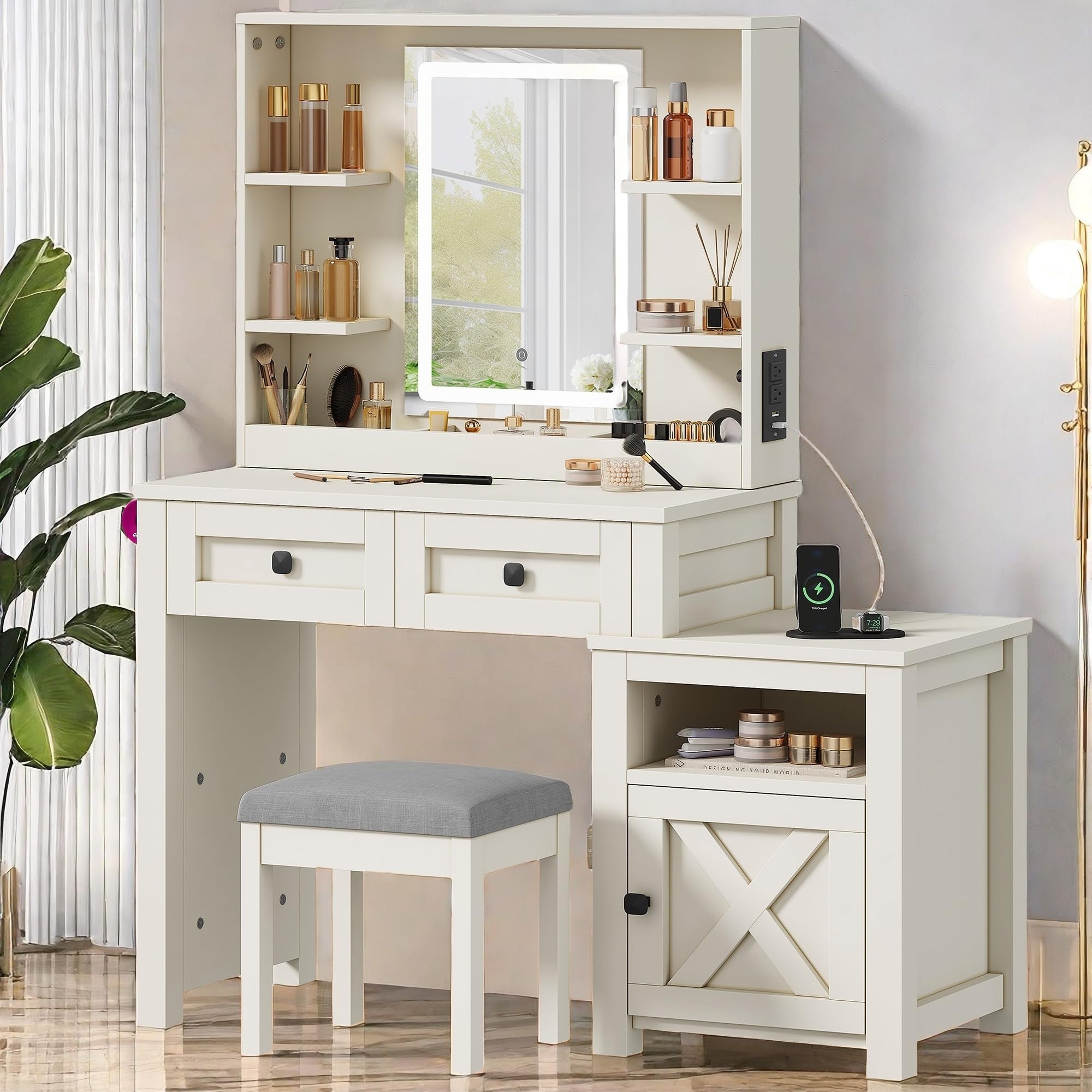 YITAHOME Farmhouse Vanity Desk with Mirror and Lights, Makeup Vanity ...