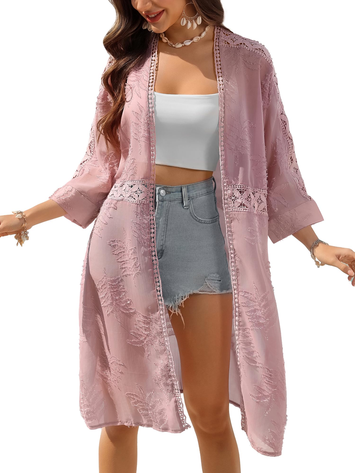 BB&KK Kimonos for Women Swimsuit Cover Ups Open Front Sheer Boho Floral ...