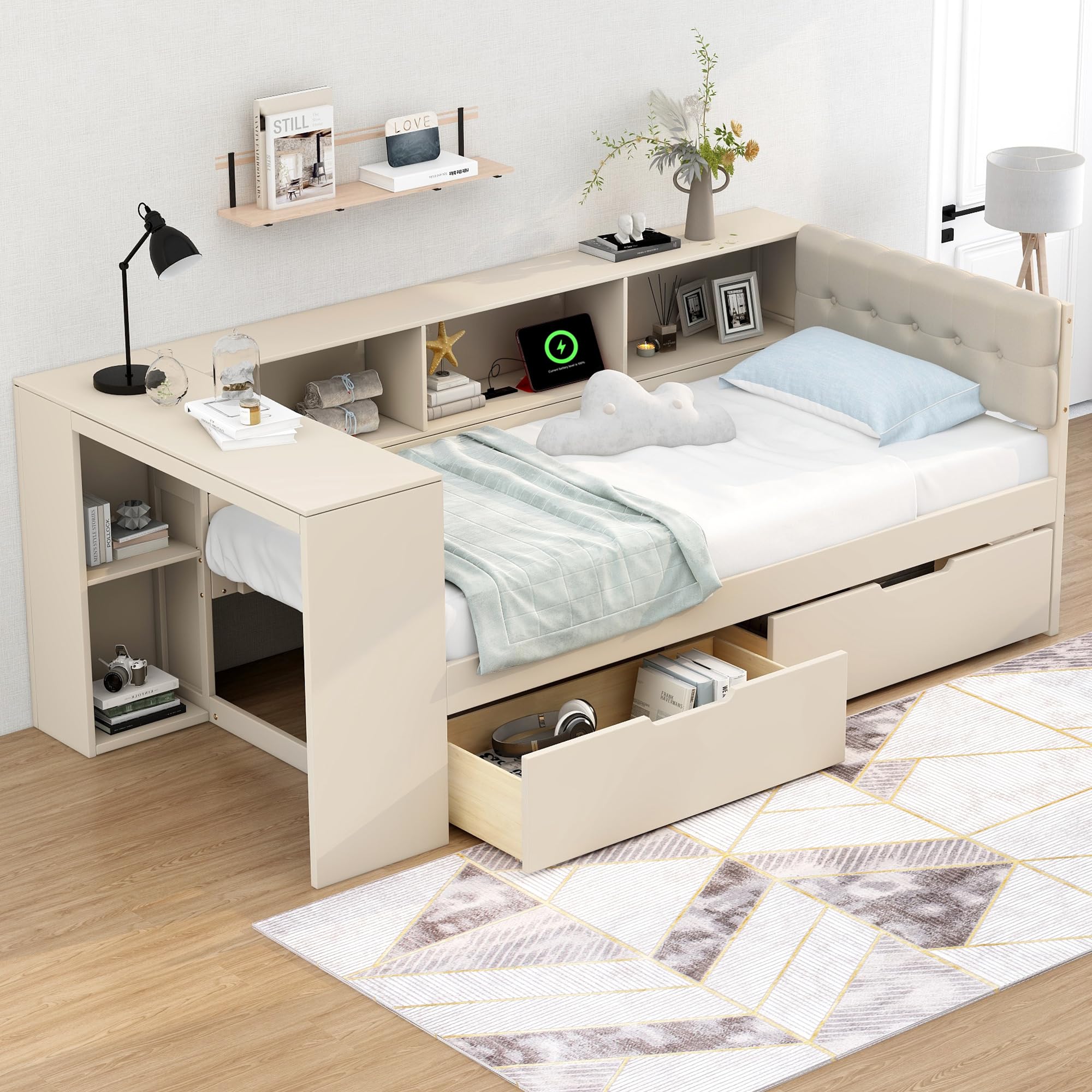 Twin Size Corner Bed Frame with Storage Drawers and Desk,Captain Daybed ...