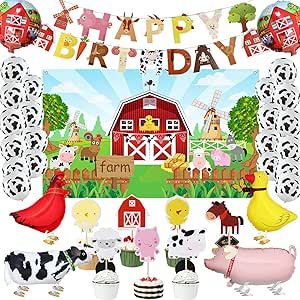 Amazon.com: Farm Animals Birthday Party Set, Farm Animals Barn Backdrop ...