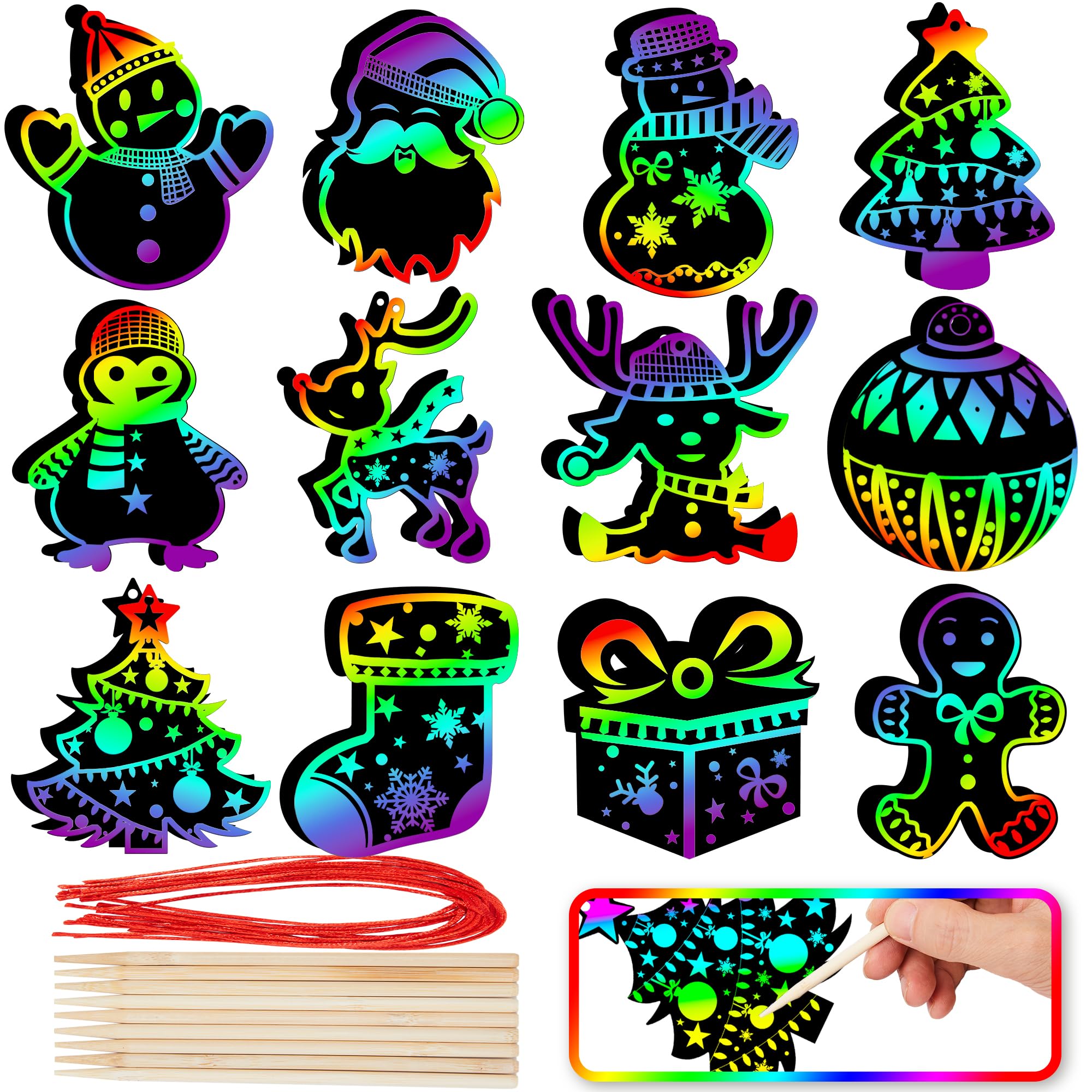 JOYIN 72 Pcs Christmas Scratch Art Ornaments, Rainbow Color Scratch ...