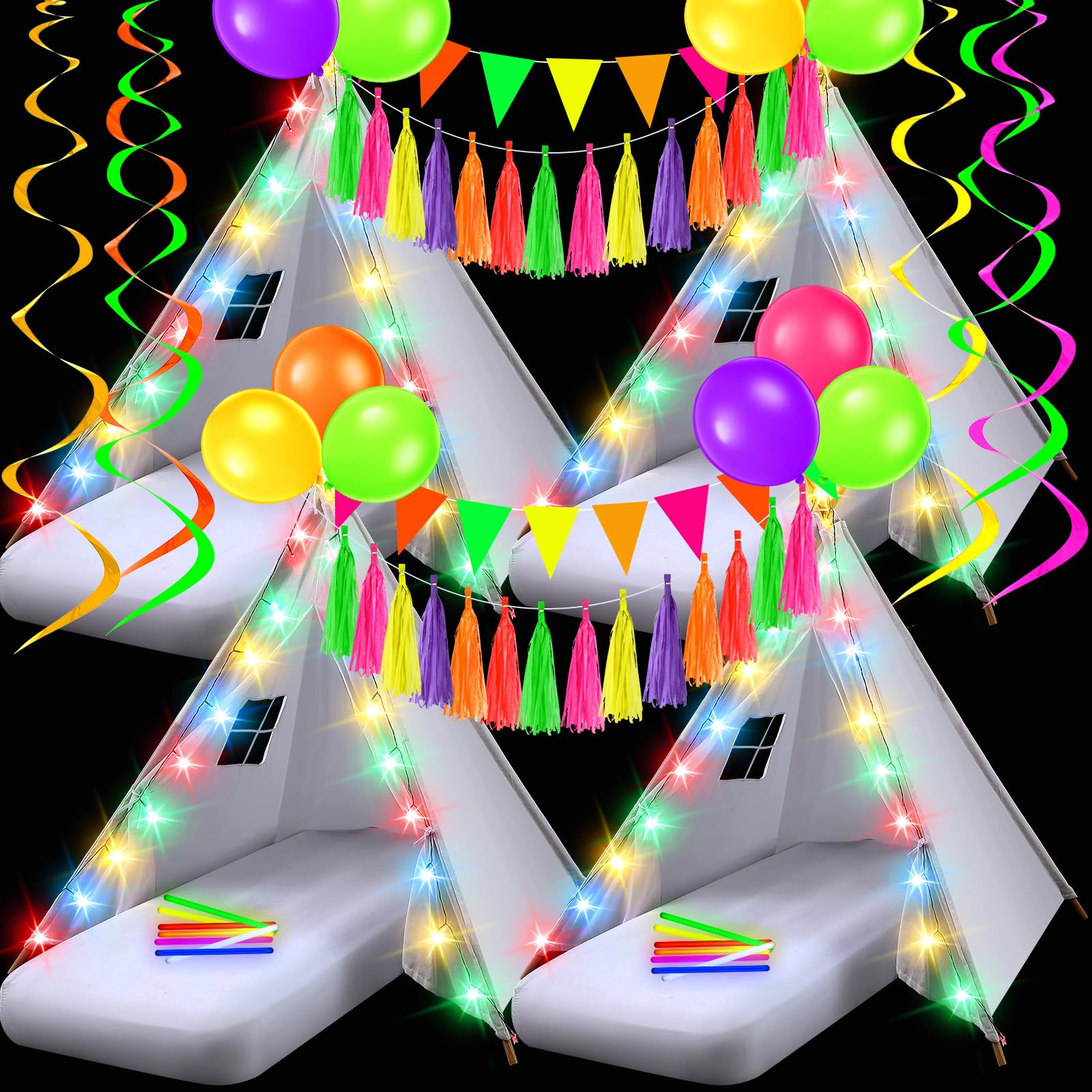 Windyun 4 Pack Kids Teepee Tents, Glow in the Dark Sleepover Slumber ...