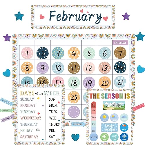Blue Boho Rainbow Calendar Bulletin Board Set Calendar Seasons Weather ...