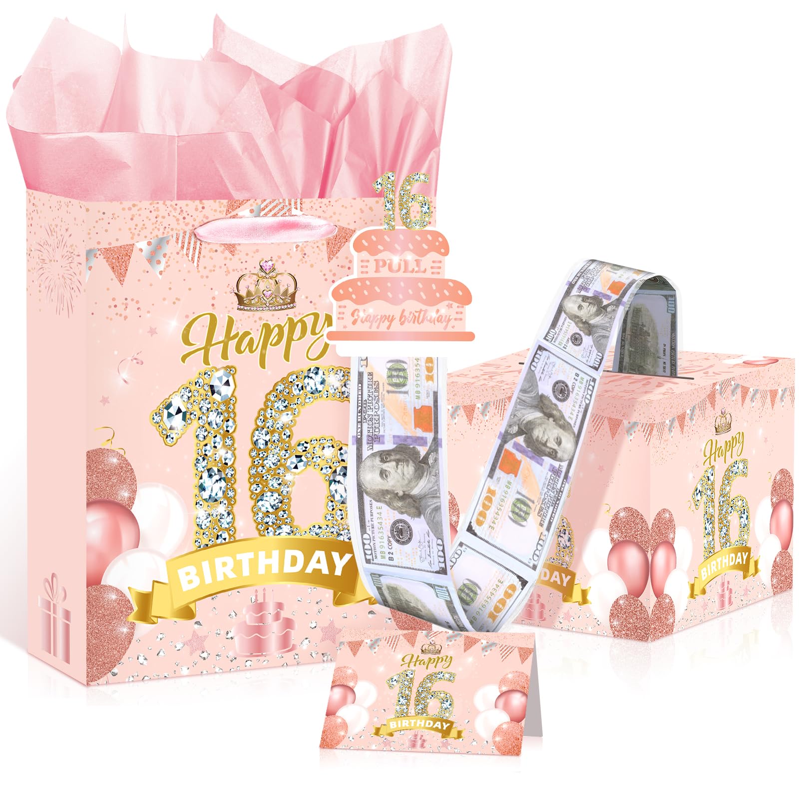 Rose Gold Pink 16th Birthday Money Box and Gift Bag with Wrapping Paper ...
