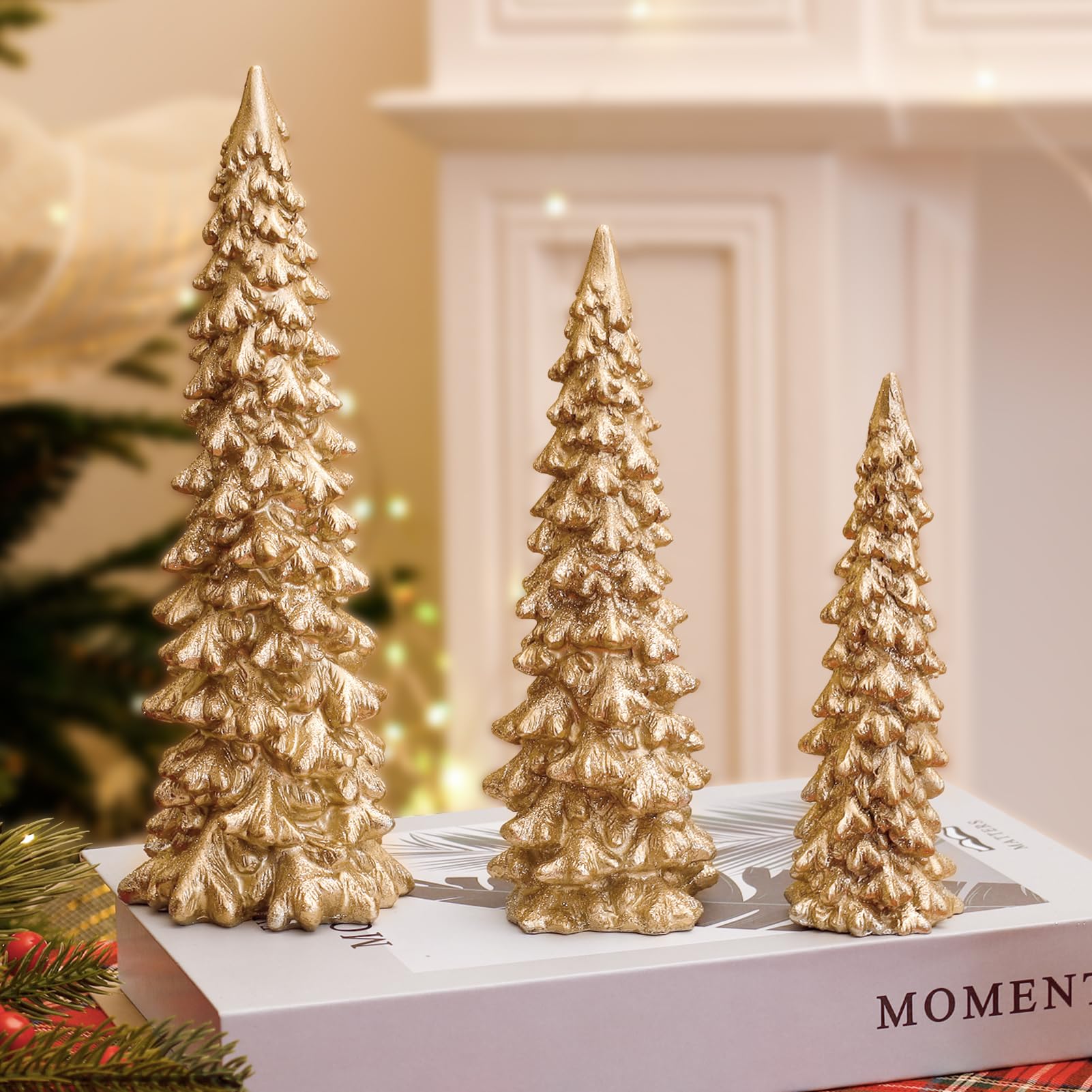 Set of 3 Gold Glitter Resin Trees, Small Pine Tree Figurines Decorative ...
