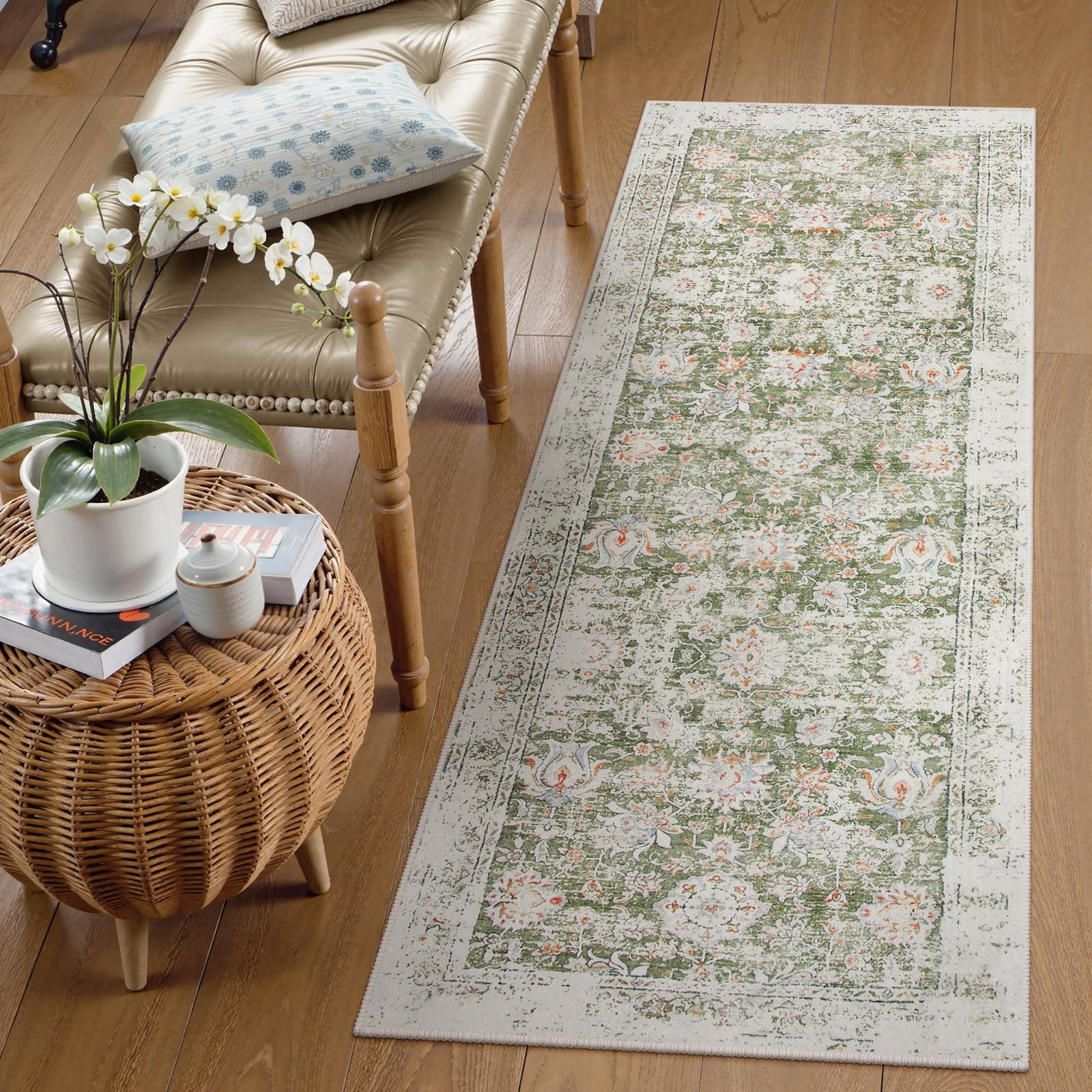 Lahome Vintage Floral Kitchen Runner Rug, 2x5 Green Washable Rug ...