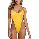 SHERRYLO Sheer One Piece Thong Swimsuit for Women Sexy Plunging See Thru Monokini High Cut ...