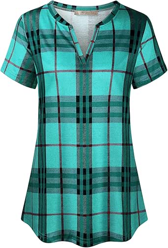 Miusey Women V Neck Short Sleeve Casual Curved Hem Henley Blouse at ...