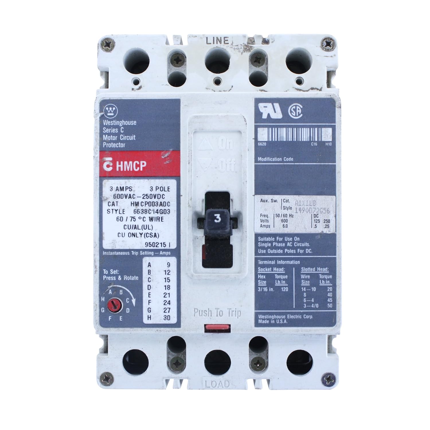 Cutler-Hammer HMCP003A0C CHR, HMCP, 3P, 3A, 600V, Circuit Breakers ...