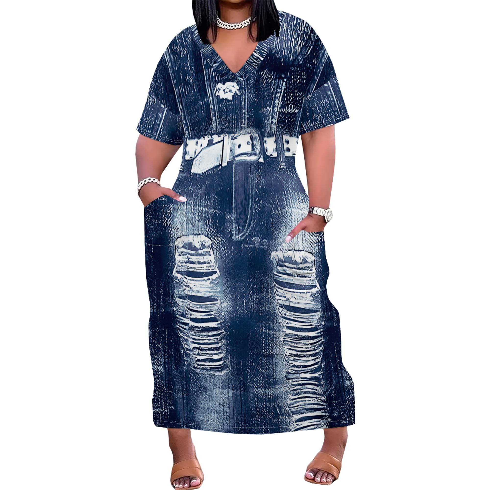 SUZONANA Plus Size Denim Print Shirt Maxi Dresses for Curvy Women ...