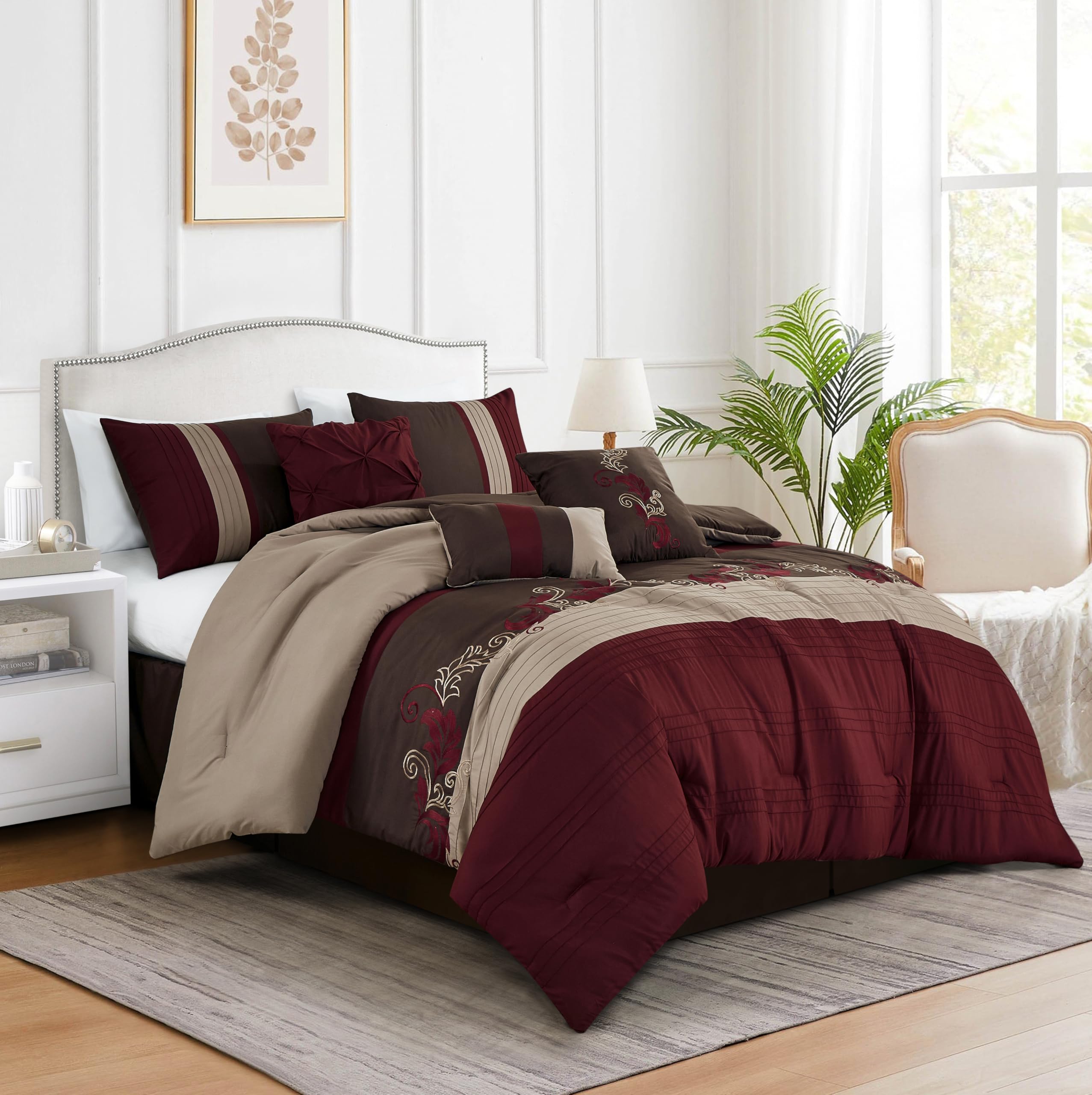Chezmoi Collection Napa 7-Piece Luxury Leaves Scroll Embroidery Bedding ...