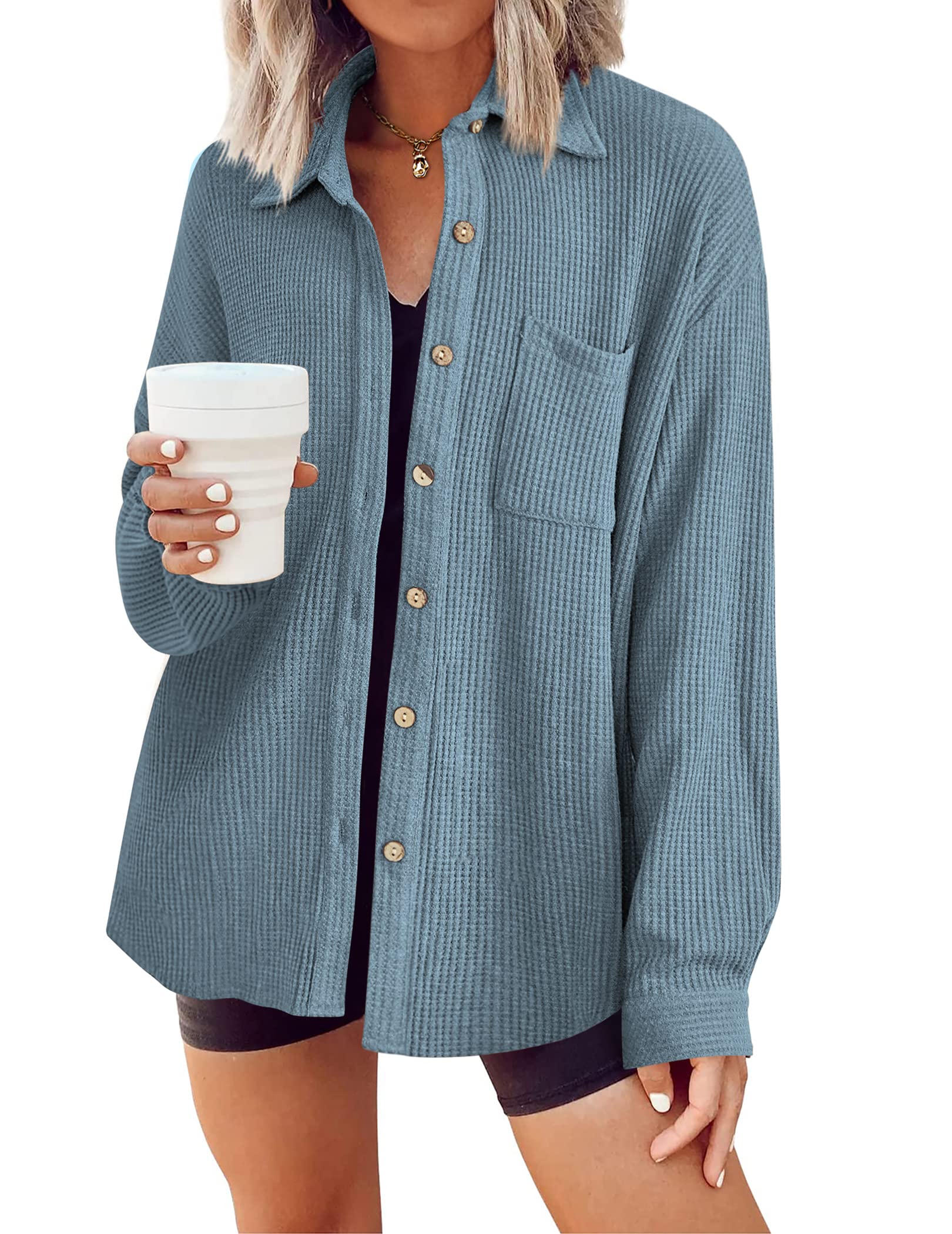 HOTOUCH Womens Waffle Knit Shacket Collared Button Down Shirt Oversized ...