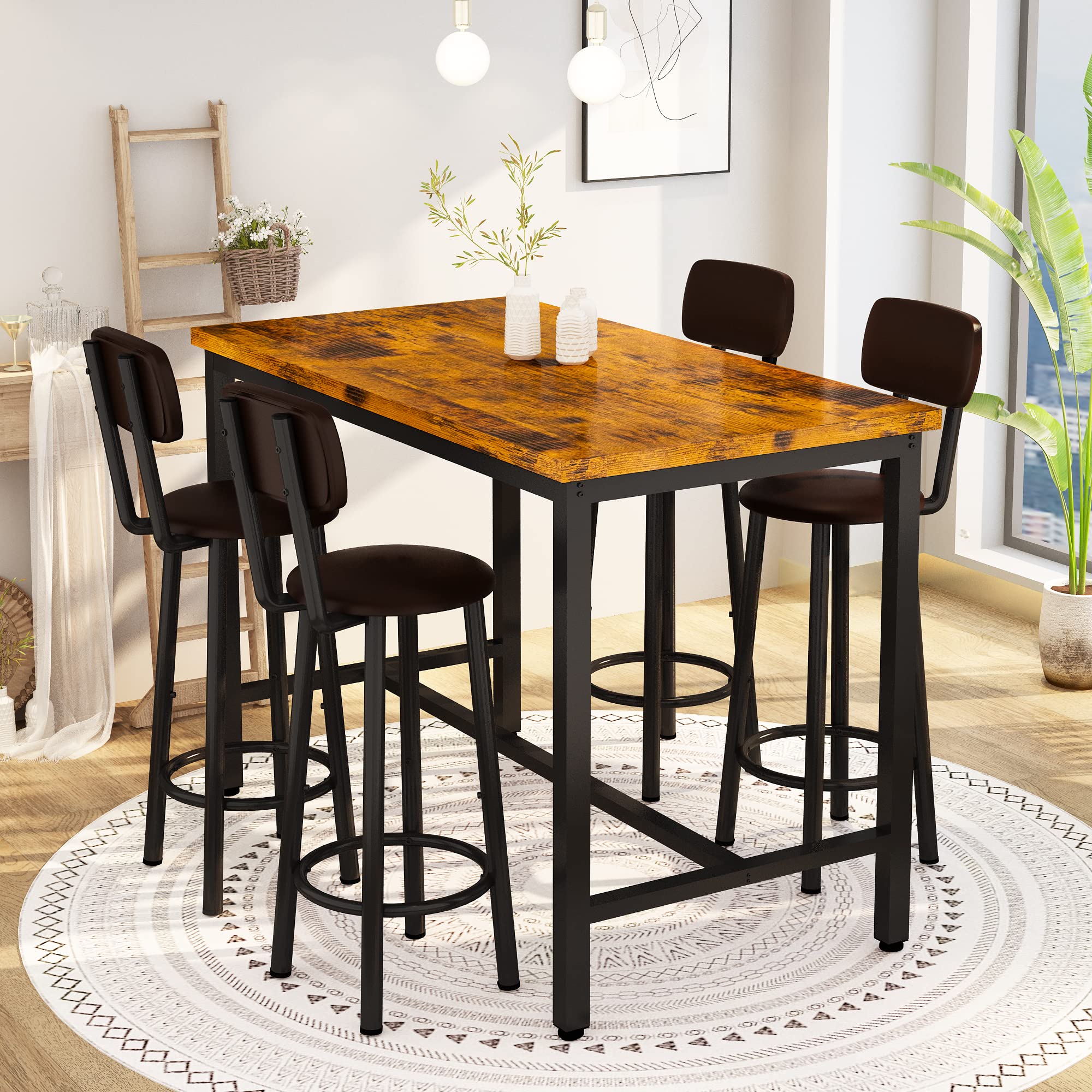 AWQM Bar Table And 4 Chairs Set Industrial Counter Height Pub With 5 Pieces Dining Home Kitchen ...