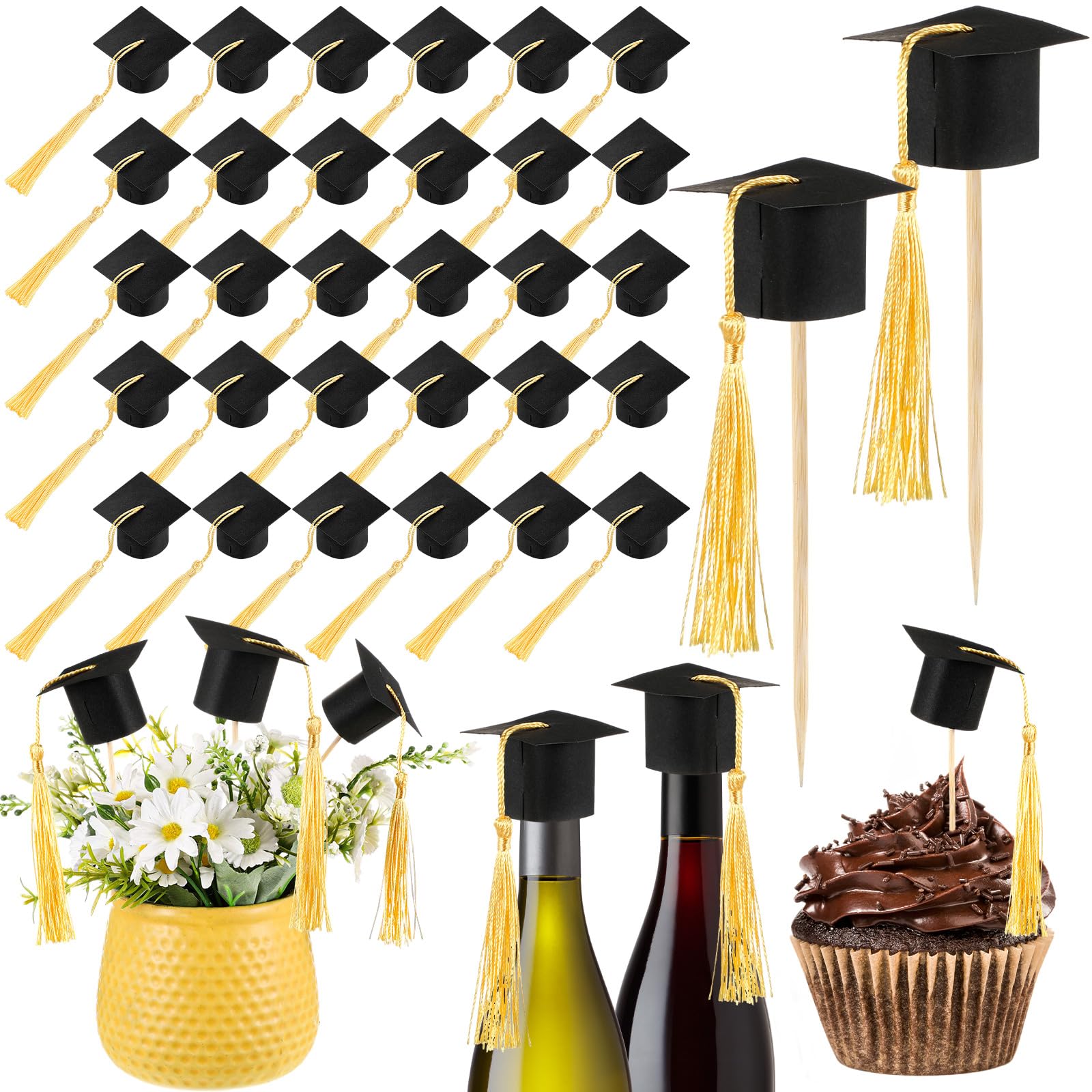 Spakon 50 Pack Graduation Cap Cupcake Toppers with Gold Tassels ...