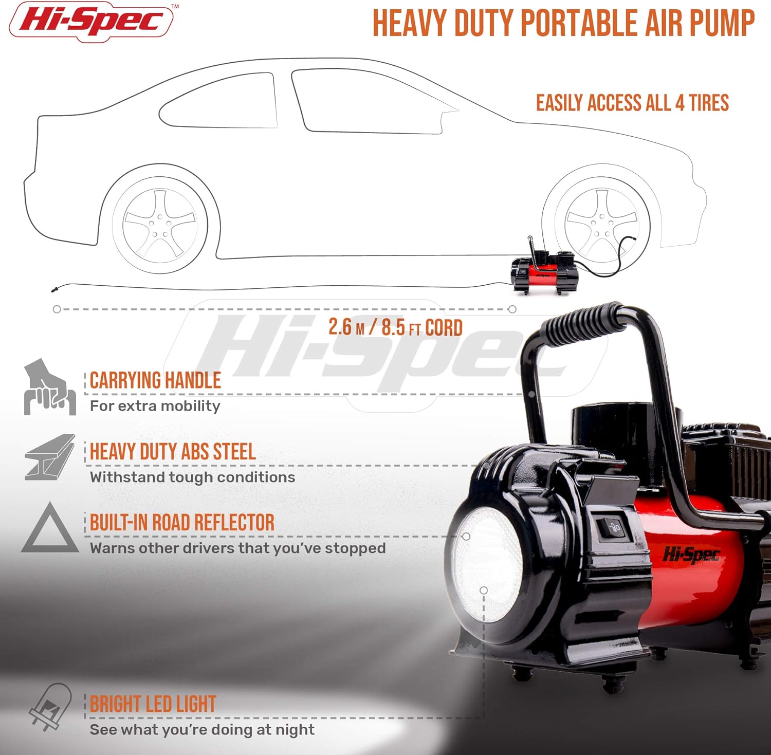 Hi-Spec 12V Portable Air Compressor Pump, Single Cylinder & Digital LED ...