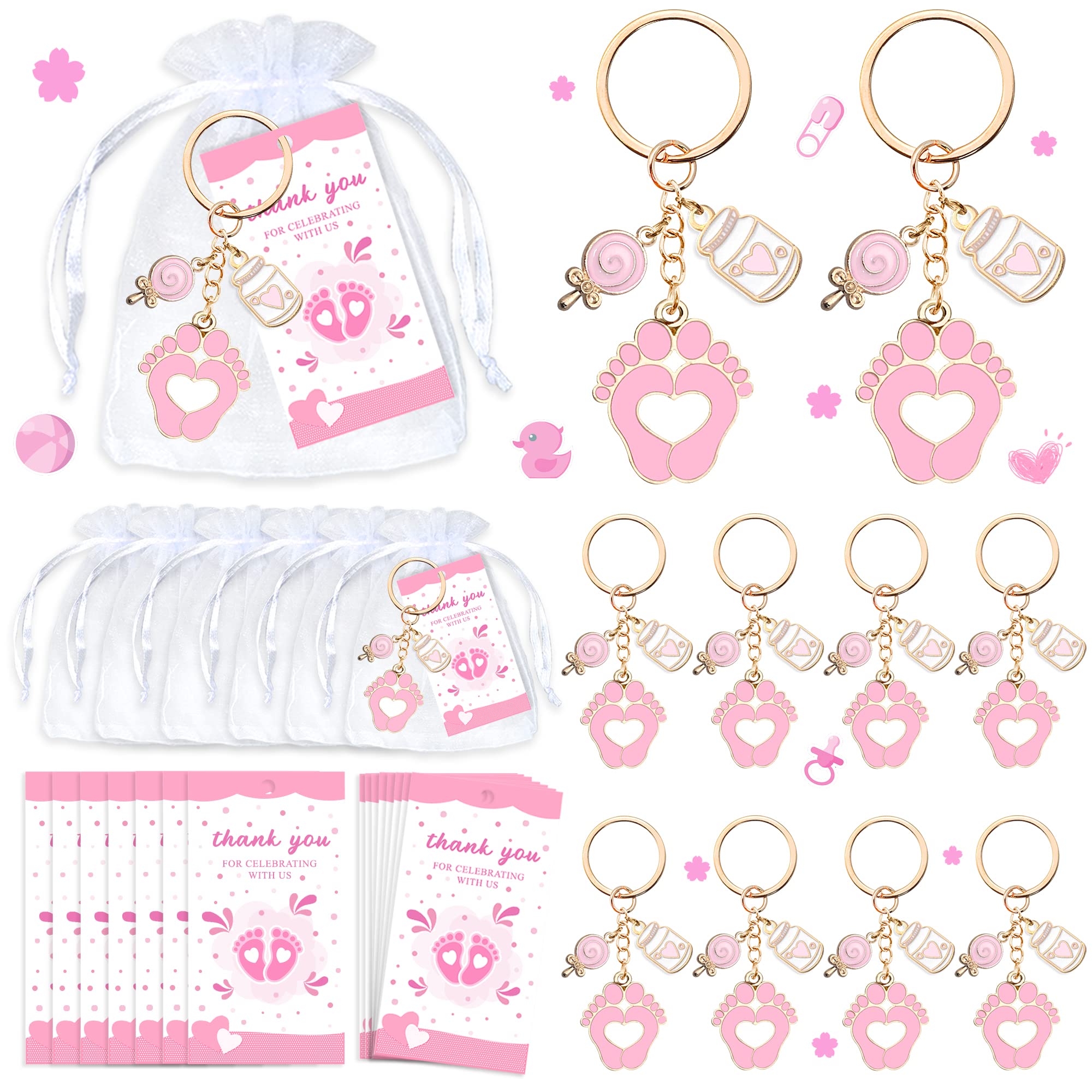 BUYWUMORE 12 Sets Baby Shower Favors Pink Footprint Keychains Gifts ...