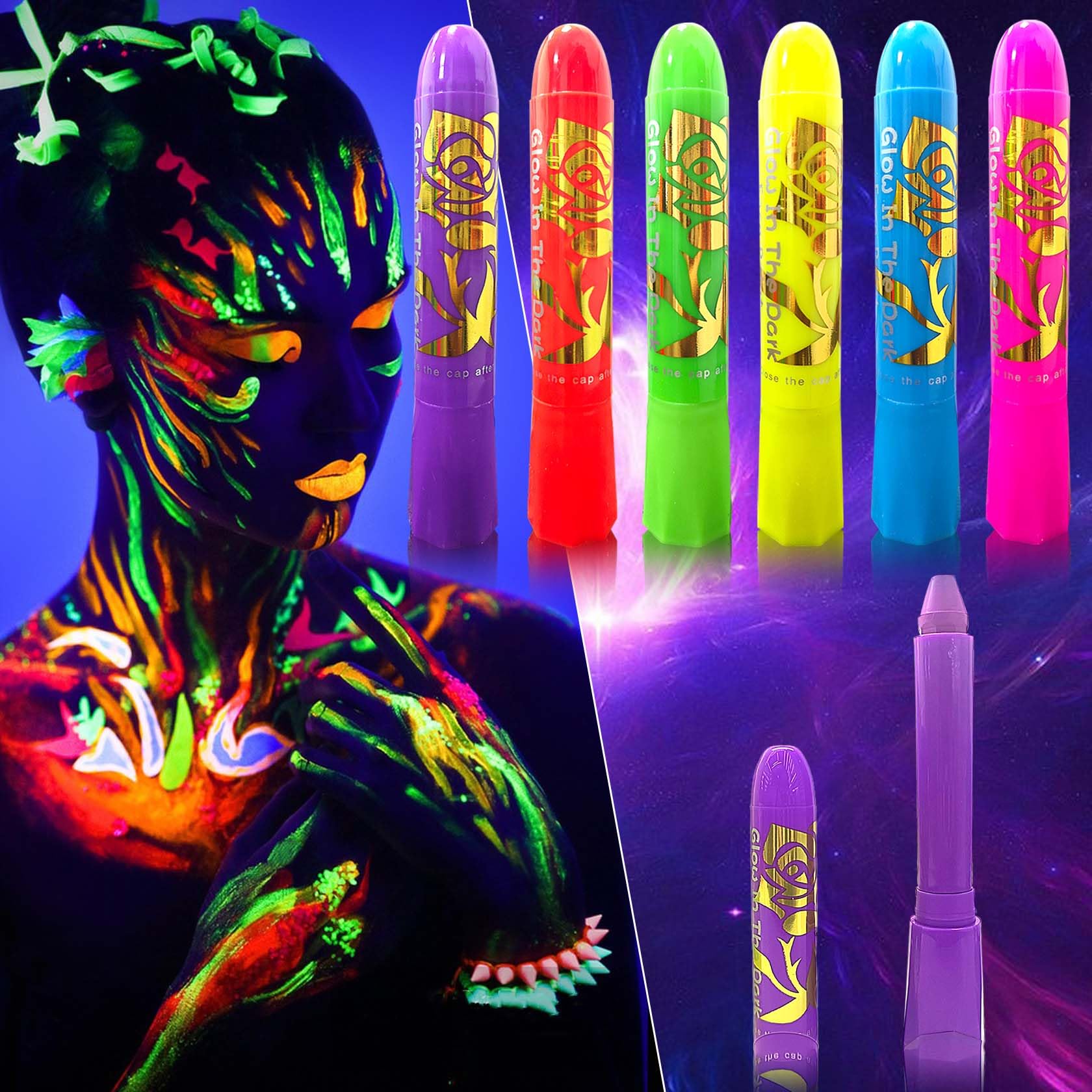 6 PCS Glow in the Black Light Face Body Paint Crayons Kit,Blacklight ...