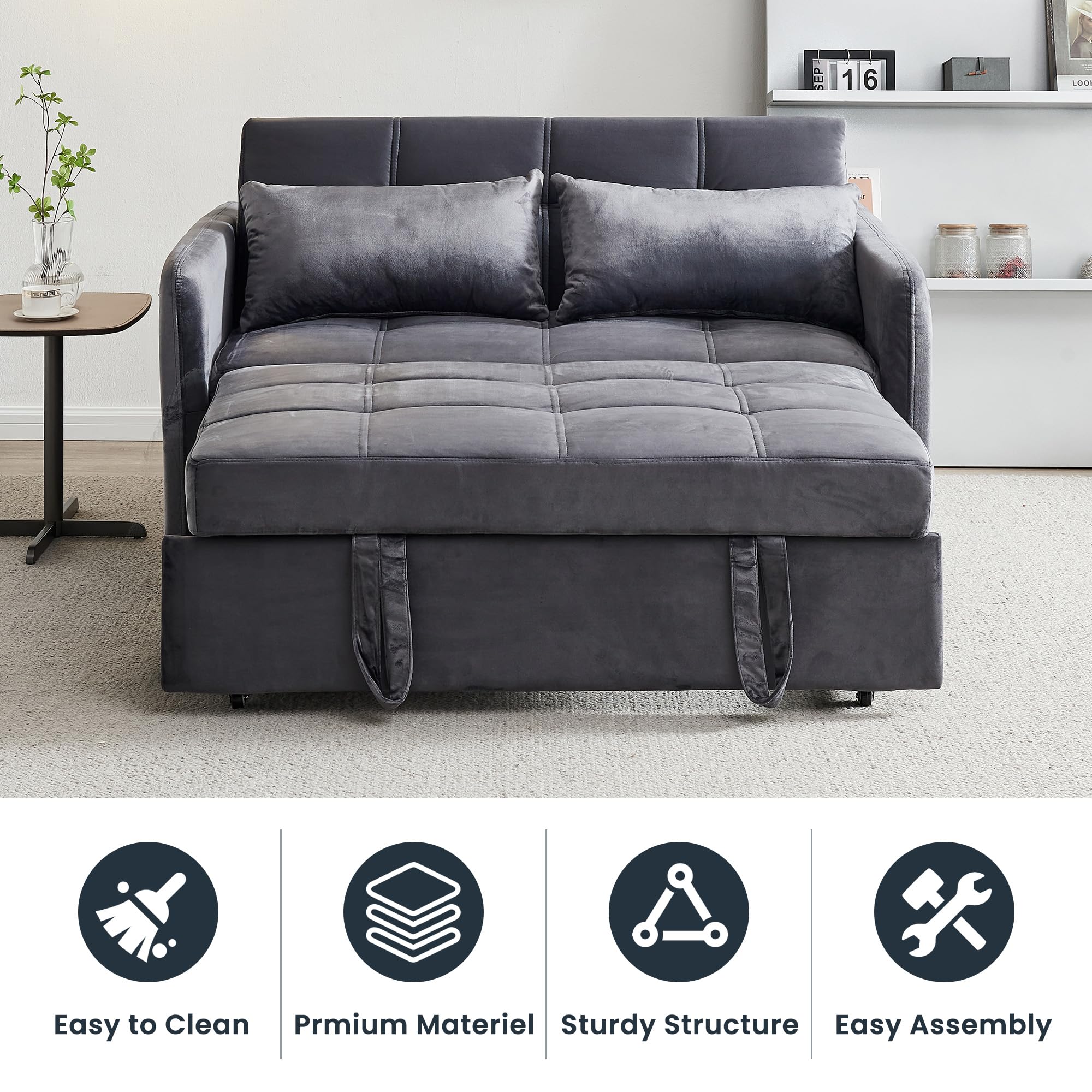 SumKea Sleeper 3-in-1 Convertible Couch With Pull Out Bed, Velvet Futon ...