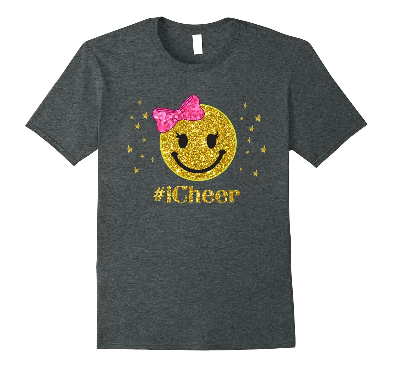 Hashtag # i Cheer Shirts Smiley Face Pink Bow Gold Stars Tee