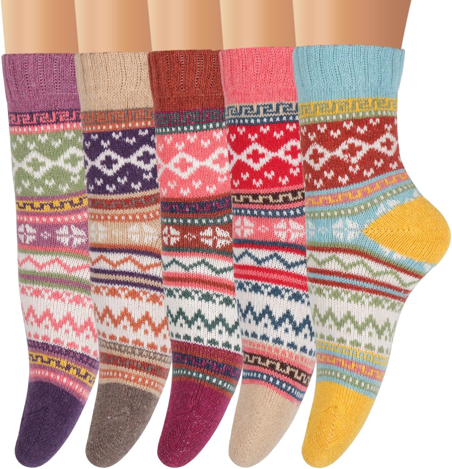 Ofeily Winter Socks 5 Pairs Women Vintage Wool Socks Thick Knit Warm ...
