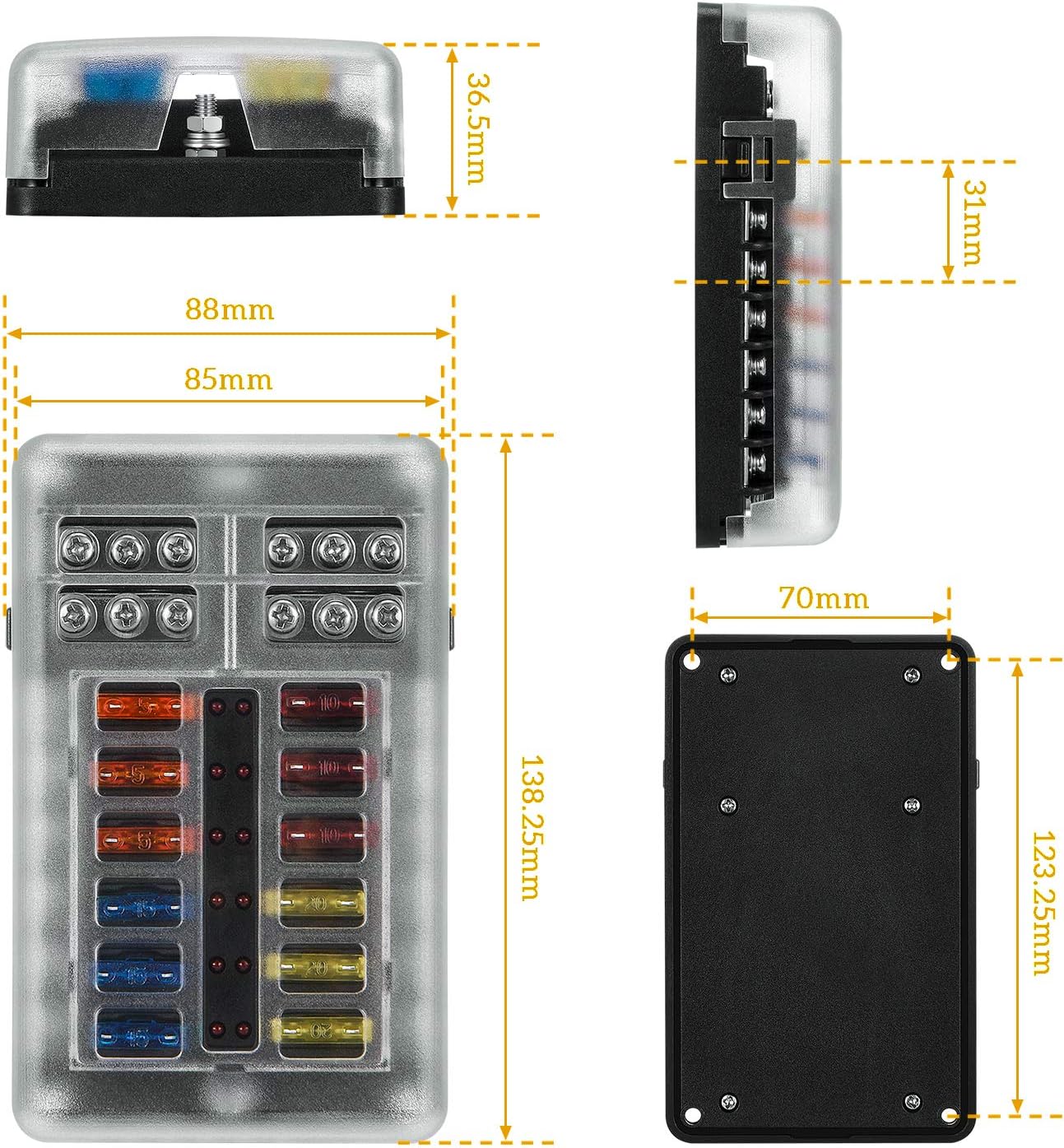 12- WAY Fuse Box, Kohree Blade Fuse Block with LED Indicator, 12 ...