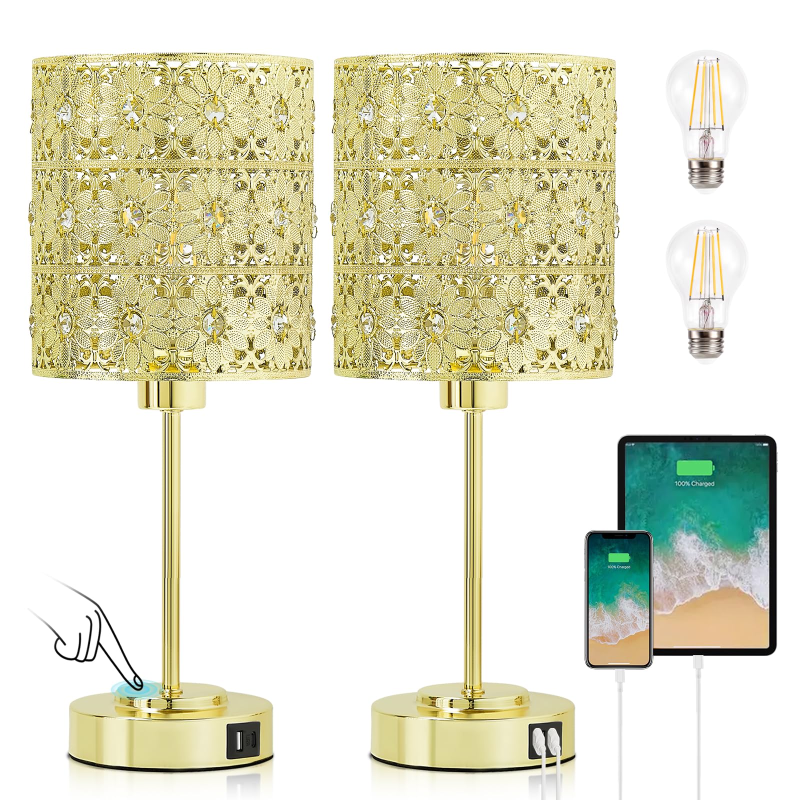 GyroVu Gold Lamps Set of 2, Touch Control Table Lamp with USB C+A Ports ...