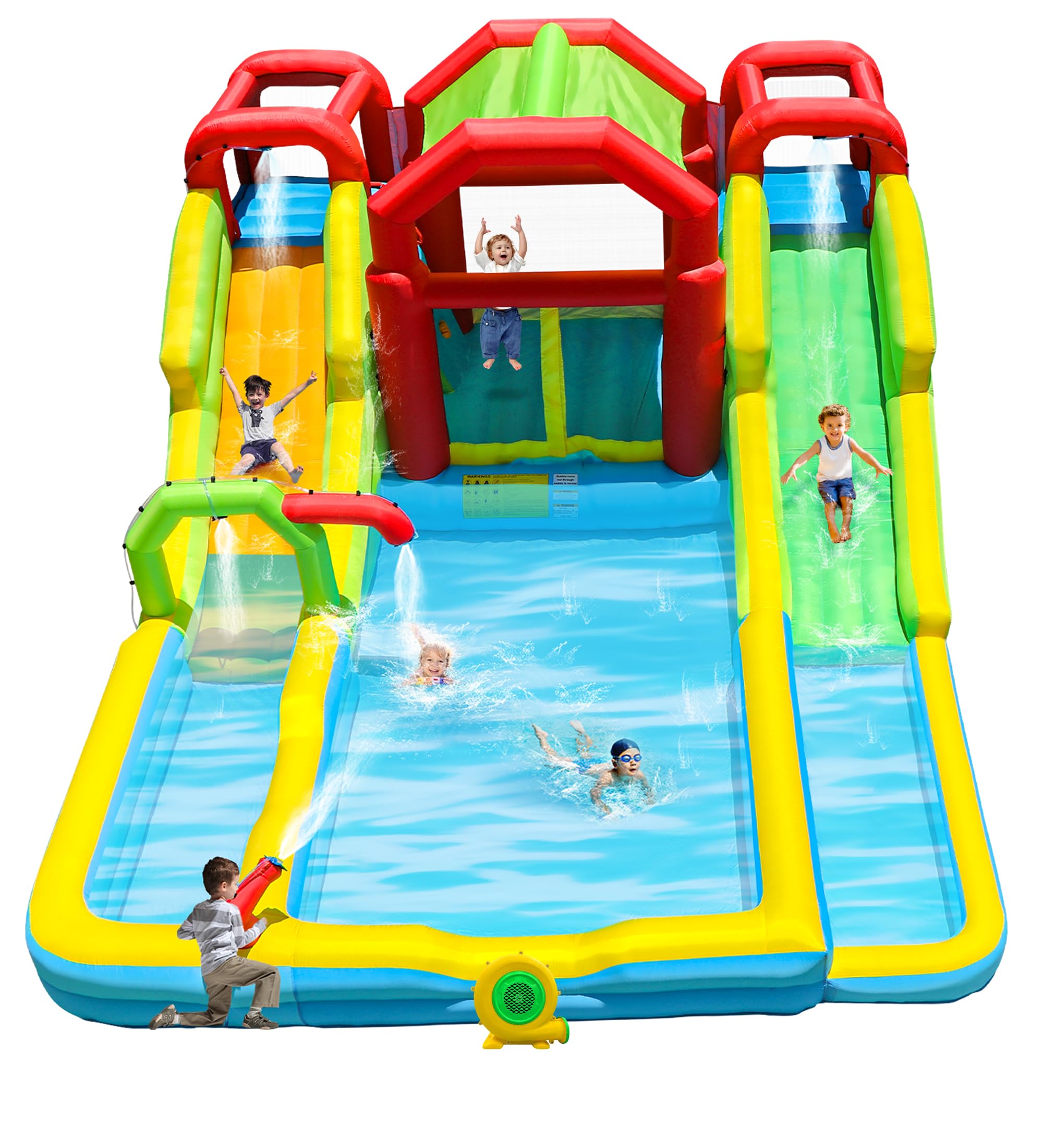WELLFUNTIME Inflatable Water Double Slides Park with Blower, Shade Tent ...