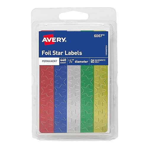 Avery Foil Star Labels, 1/2", Assorted Colors, Non-Printable, 440 Star ...