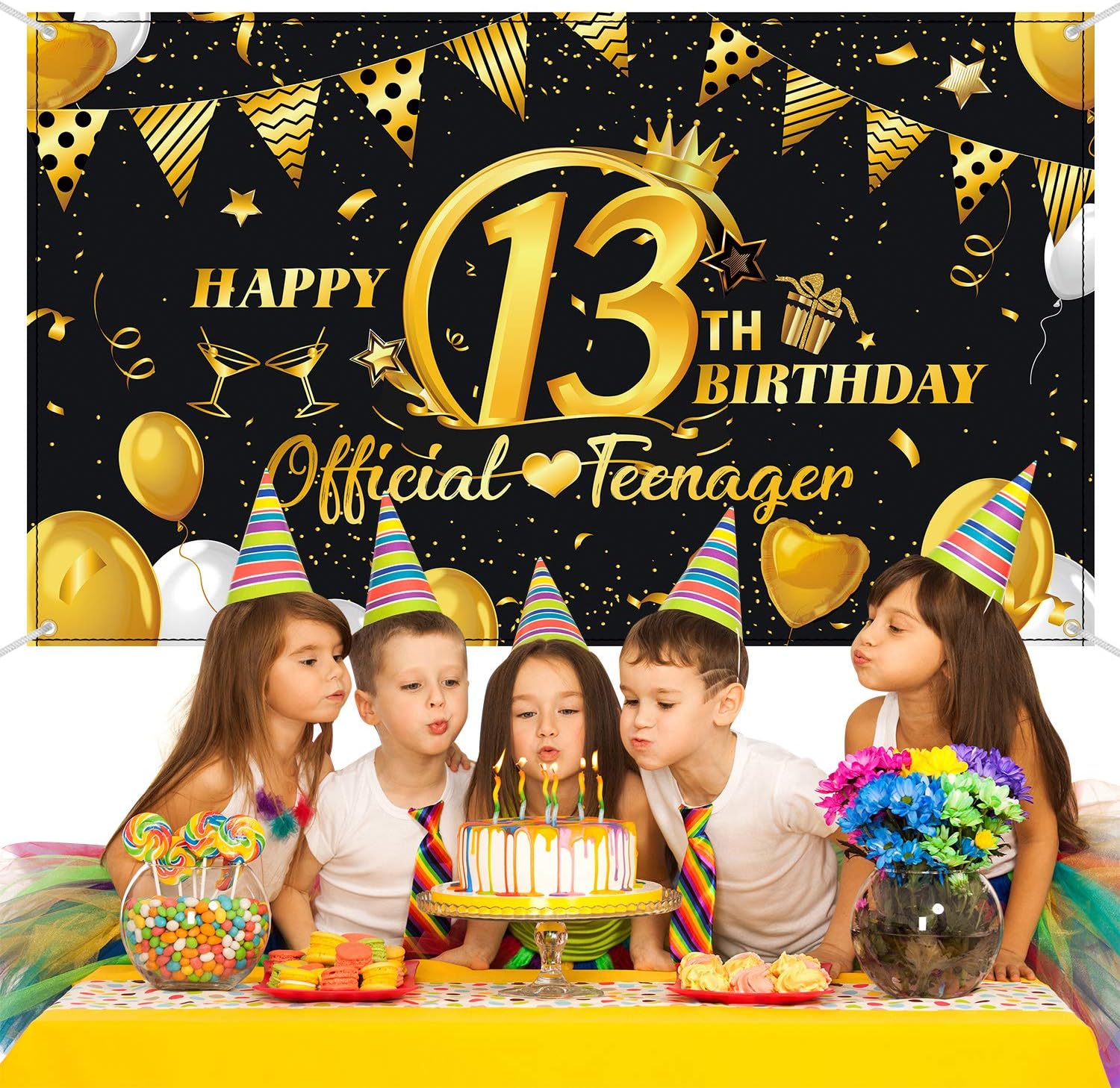 13th Birthday Black Gold Party Decoration, Extra Large Fabric Sign ...