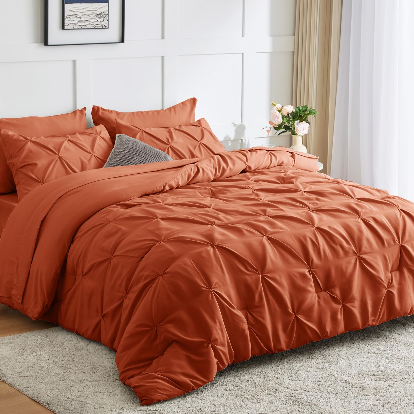 CozyLux Burnt Orange Comforter Set Queen Bed in a Bag 7 Pieces Pintuck ...