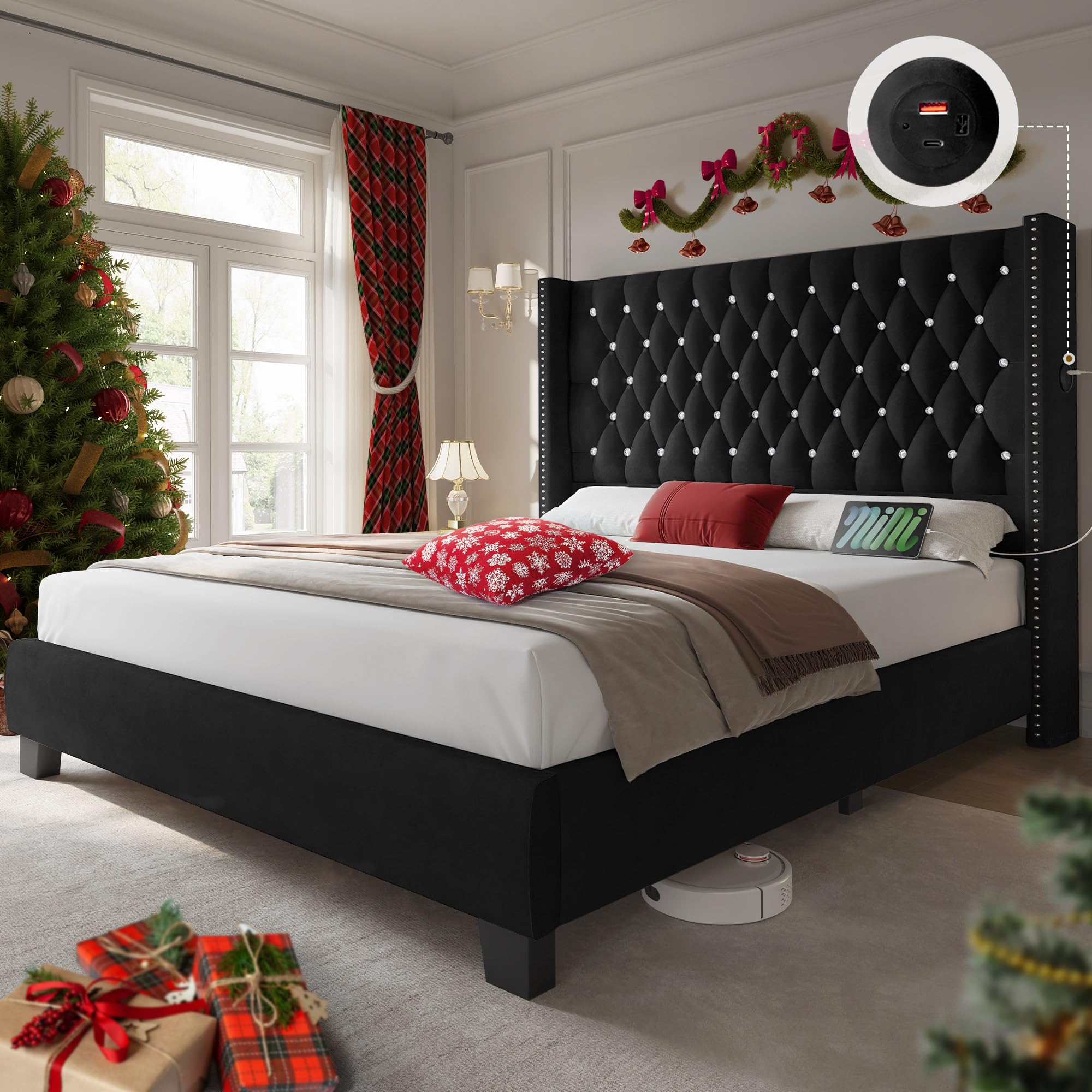 YITAHOME King Size Bed Frame with 58'' Tall Wingback Headboard and USB ...