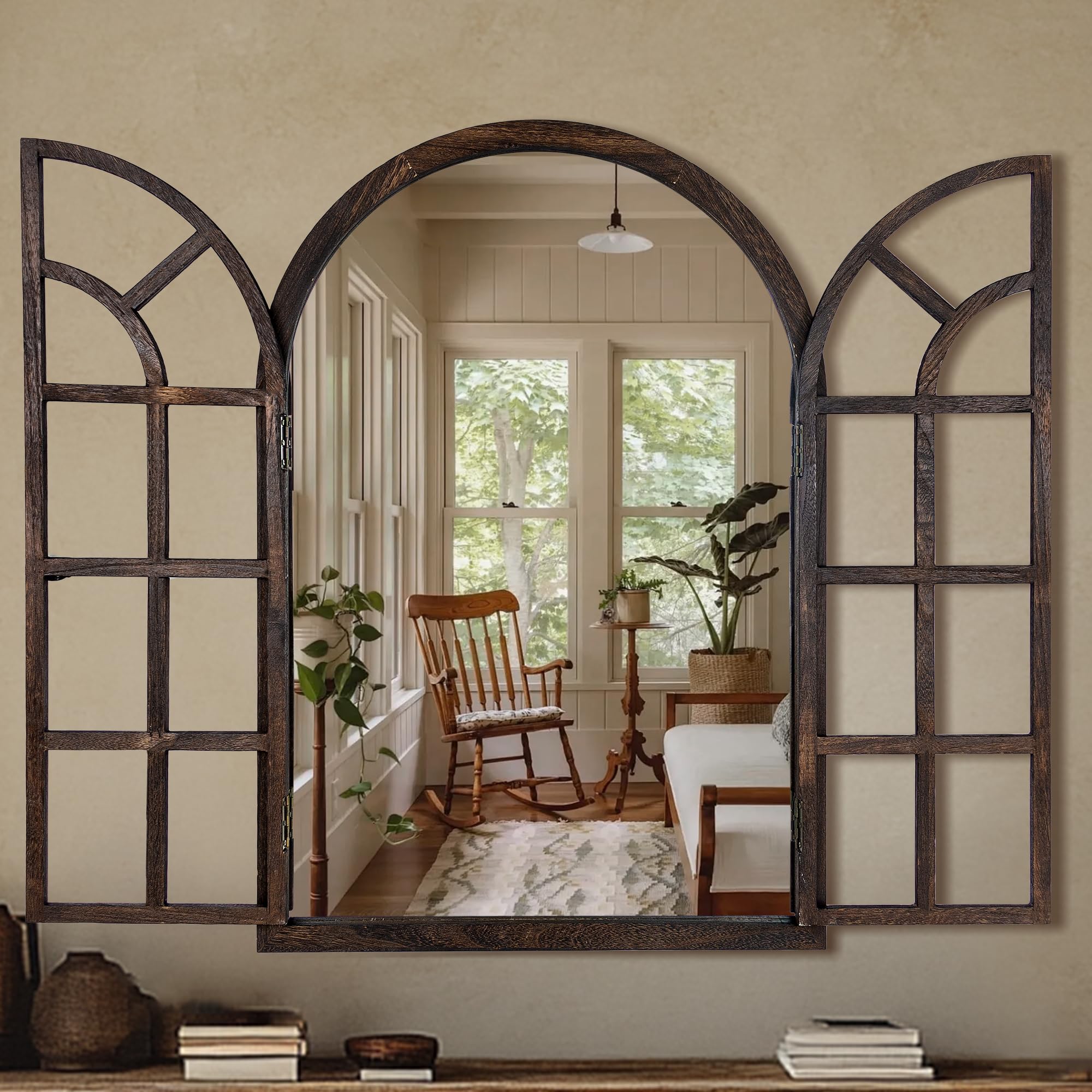 Arched Wall Mirror with Window Design, 36"x24" Rustic Farmhouse Wood ...