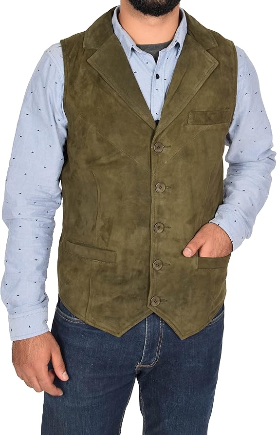 Mens Genuine Green Suede Waistcoat Soft Leather Gilet Western Vest ...