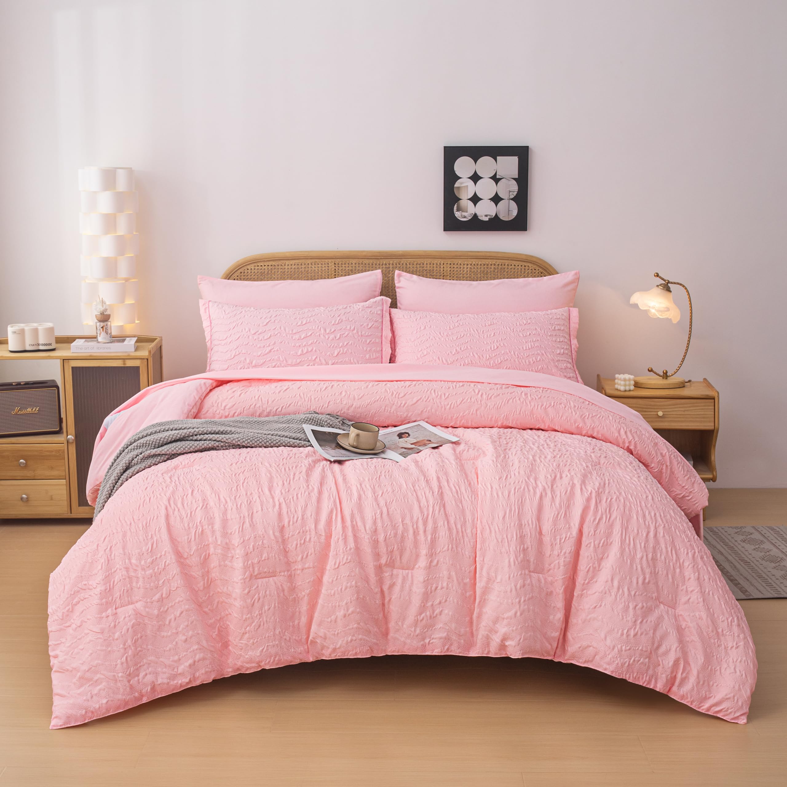Peopleareok 7 PCS Pink Comforter Set Queen, Pink Bedding Set Queen ...