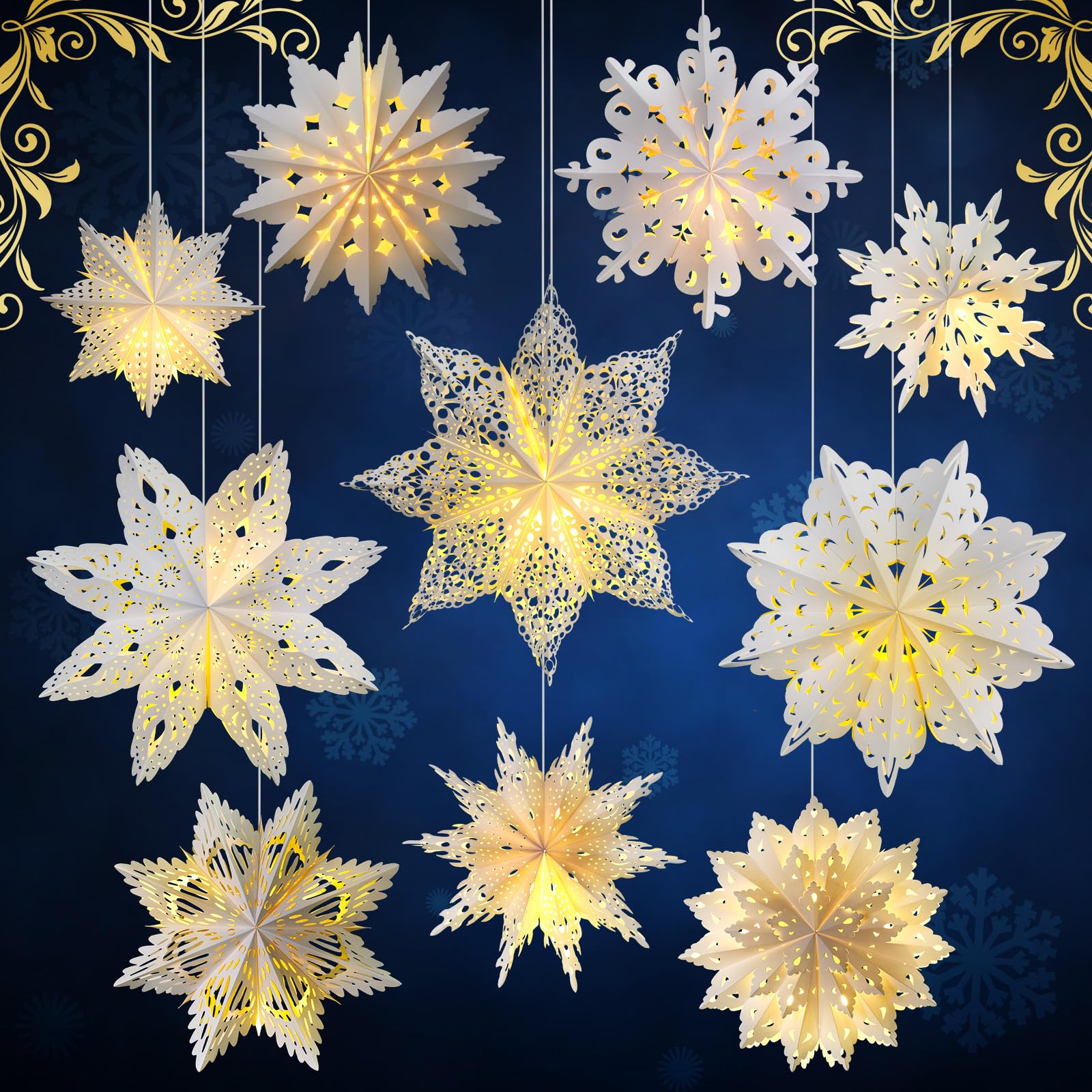 Mudder 10 Pcs Snowflake Paper Lantern Paper Star Lantern with 14 LED ...