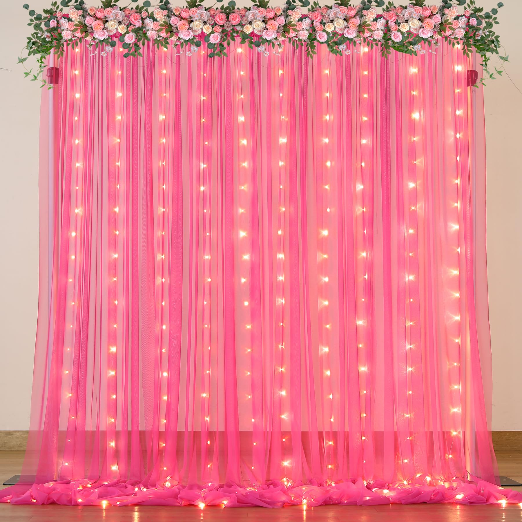 Hot Pink Tulle Backdrop Curtain with Lights for Parties 10x8ft Fuchsia ...