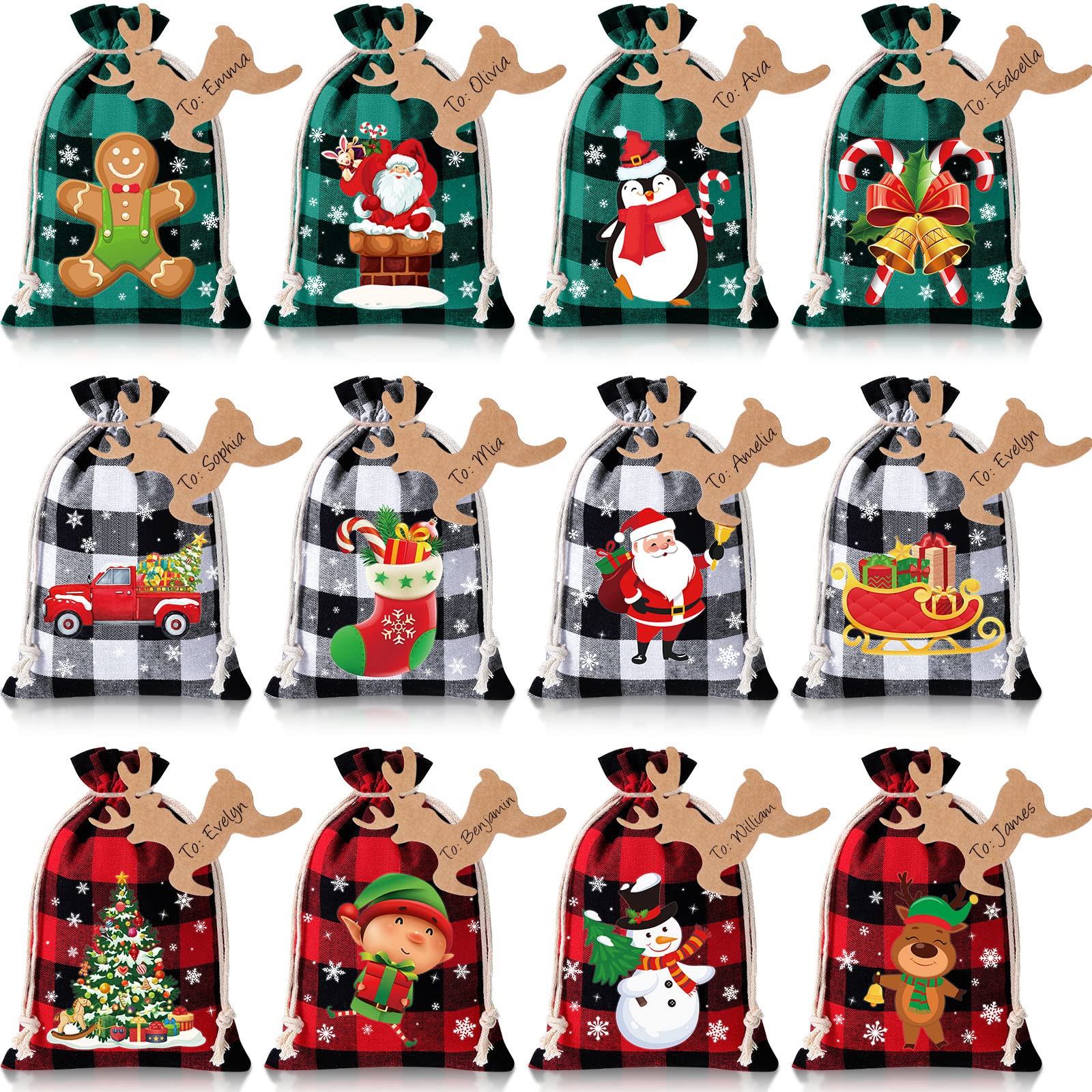 Shappy 48 Pcs Christmas Drawstring Bags Xmas Buffalo Plaid Burlap Candy ...