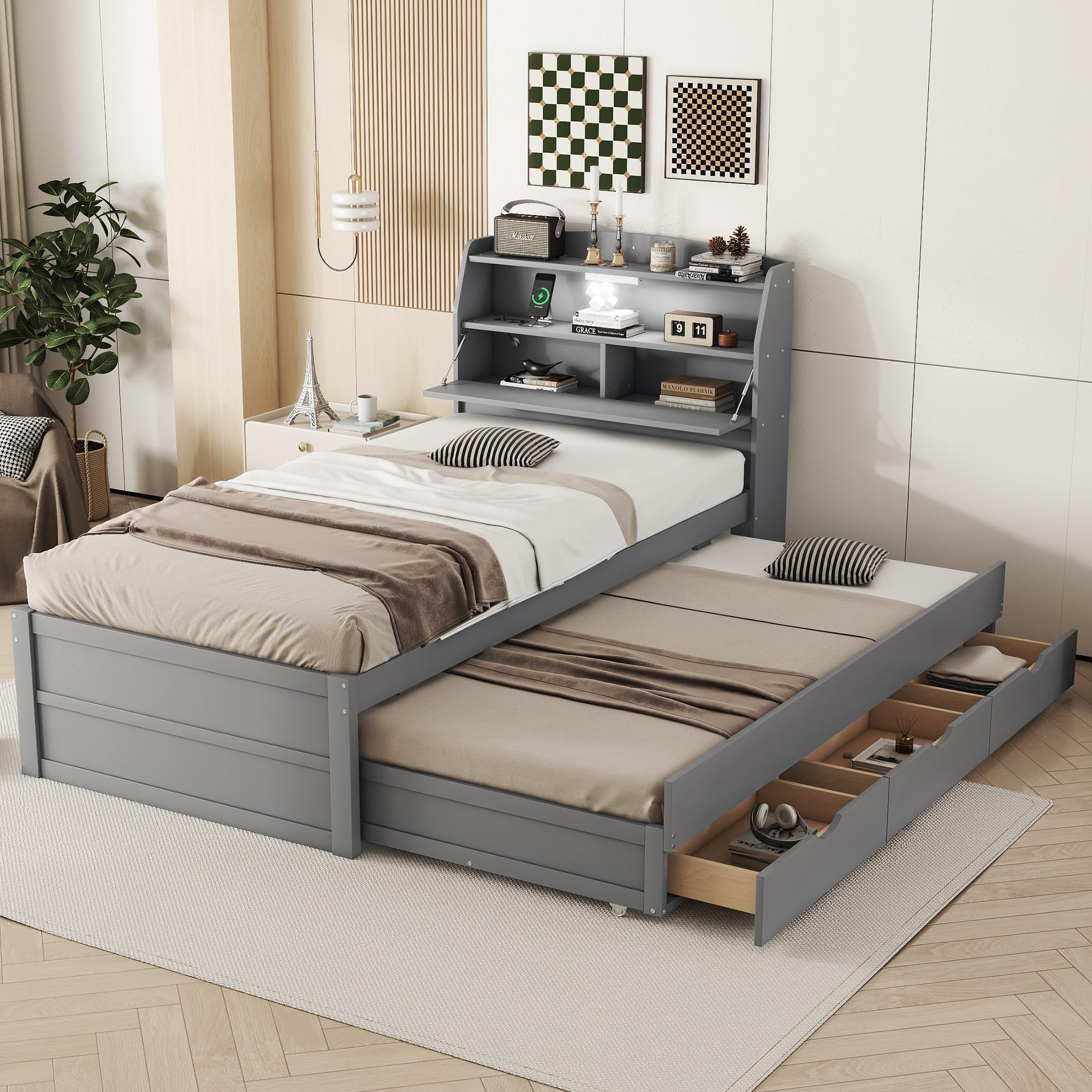 Merax Twin Size Captains Bed, Gray Platform Bed Frame with Trundle ...